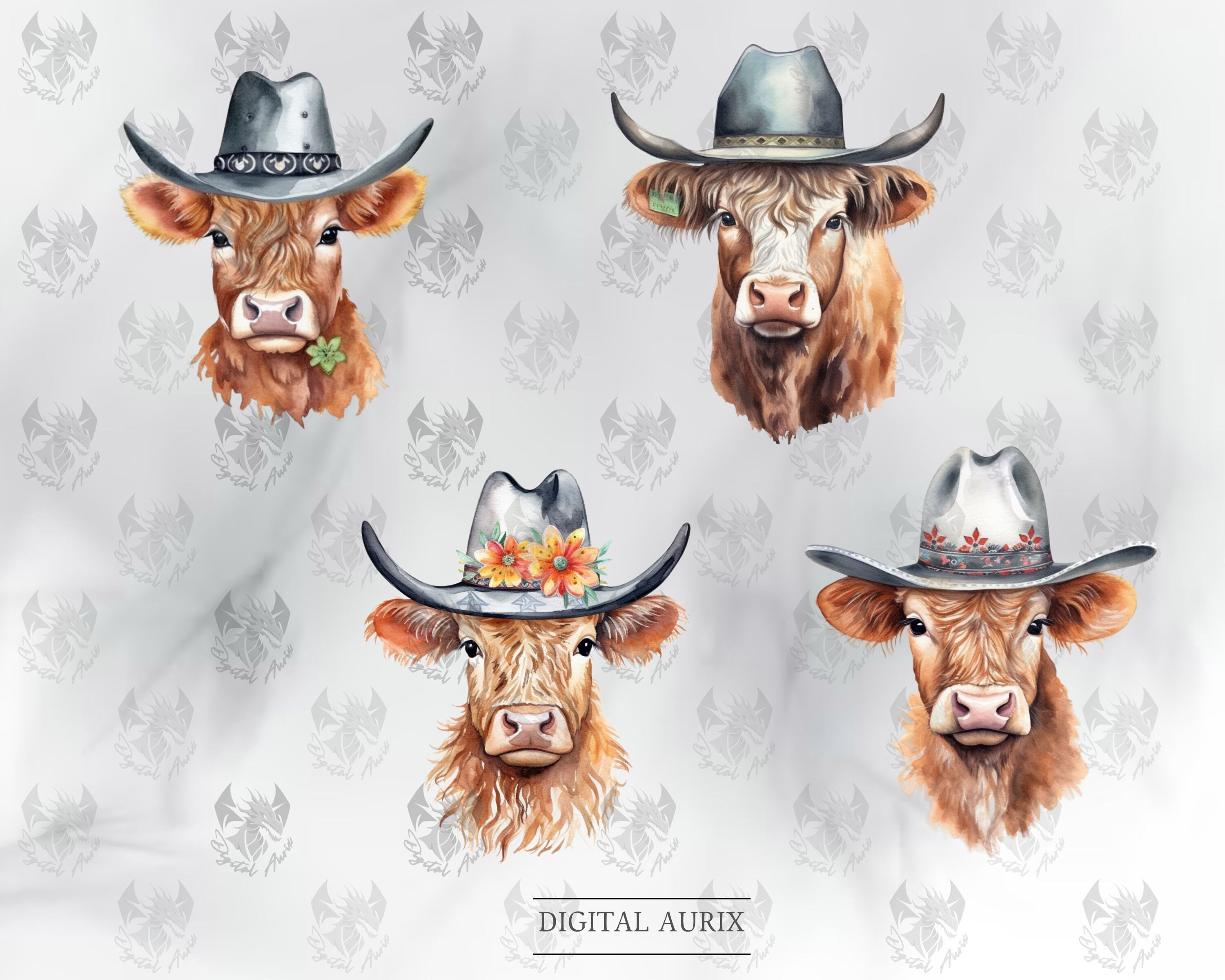 Watercolor Highland Cow With Cowboy Hat Clipart Cowboy Hat - Etsy