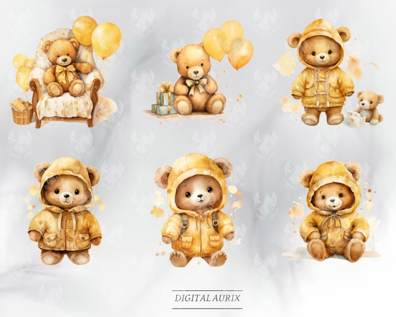 Watercolor Mellow Yellow Teddy Bear Clipart for a Boy - Etsy