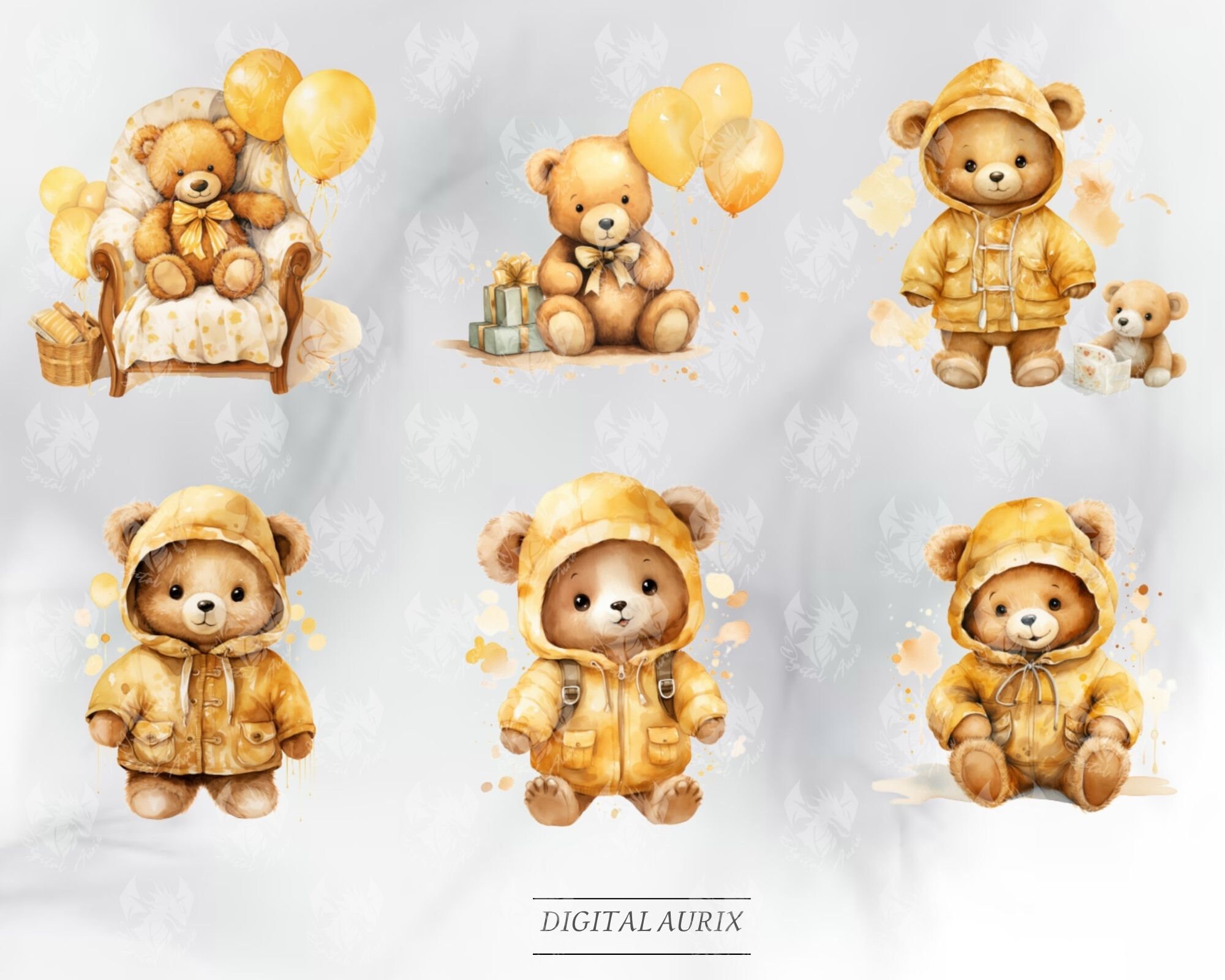 Watercolor Mellow Yellow Teddy Bear Clipart for a Boy - Etsy