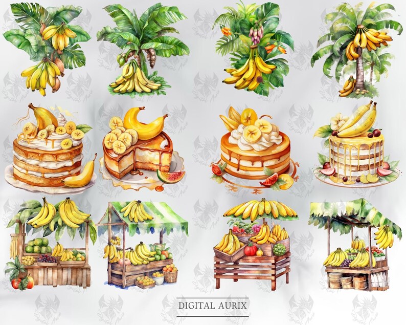 Watercolor Bananas Clipart, Digital Png, Banana Cupcake, Shortcake ...