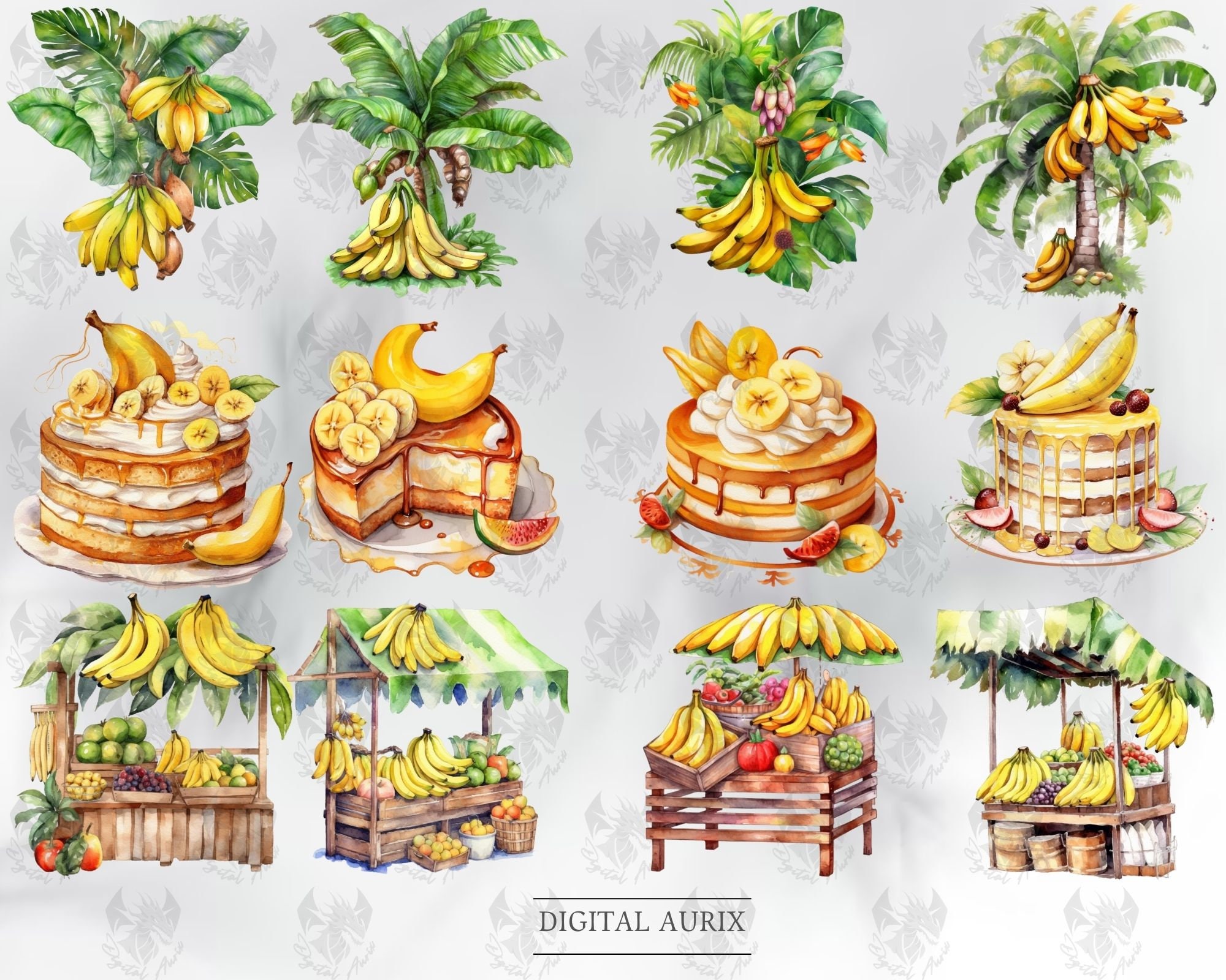 Watercolor Bananas Clipart, Digital Png, Banana Cupcake, Shortcake ...