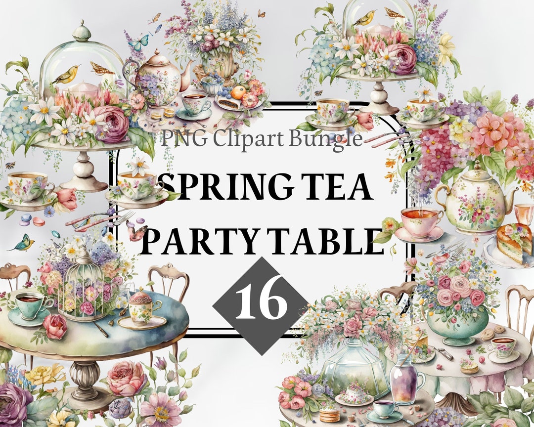 Watercolor Tea Party Table , Tea Party Table With Flowers, Blossoms ...