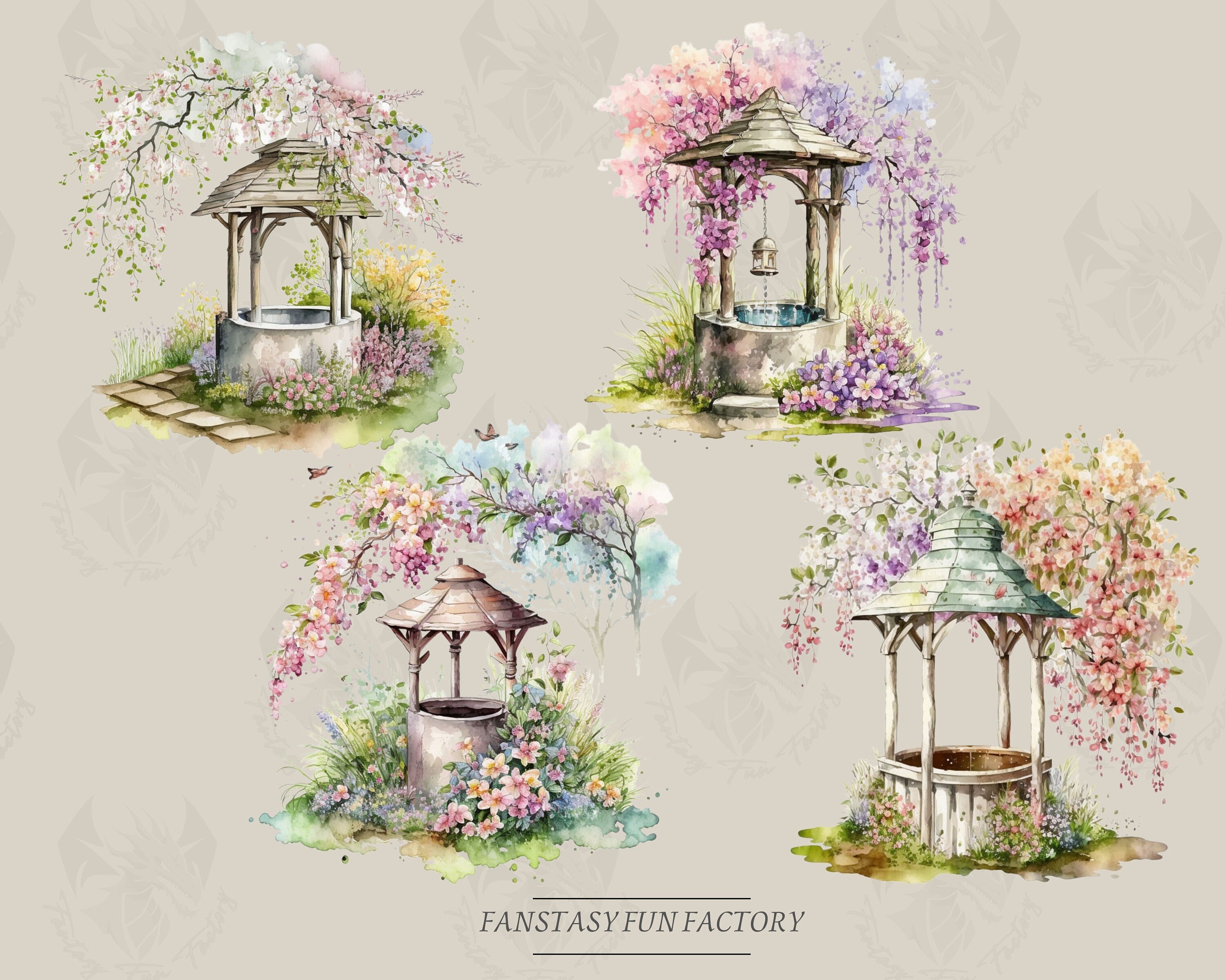 Watercolor Spring Well With Flowers Clipart Flowers Blossom - Etsy
