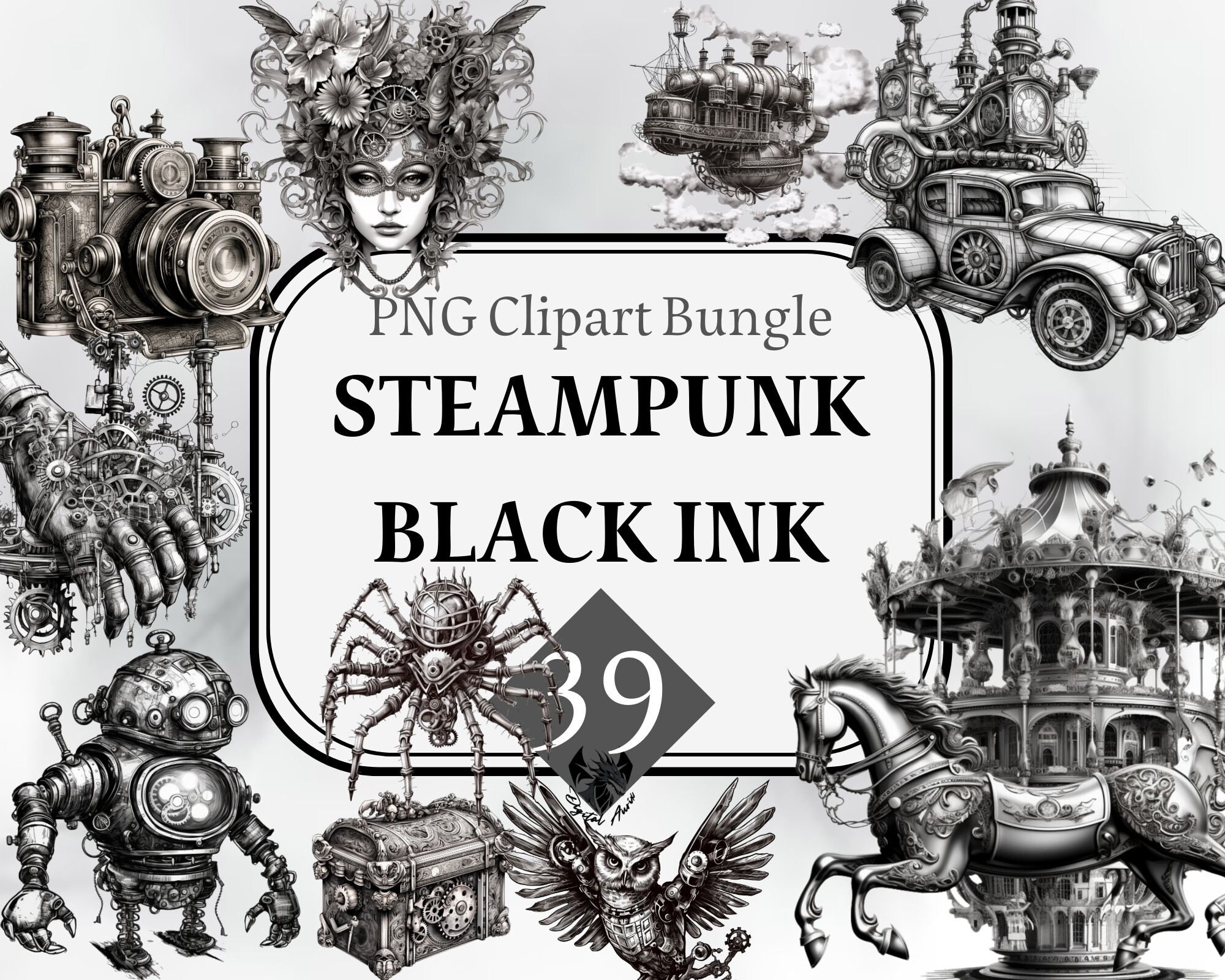 Steampunk Black Ink Clipart, Transparent PNG Vintage Graphics ...