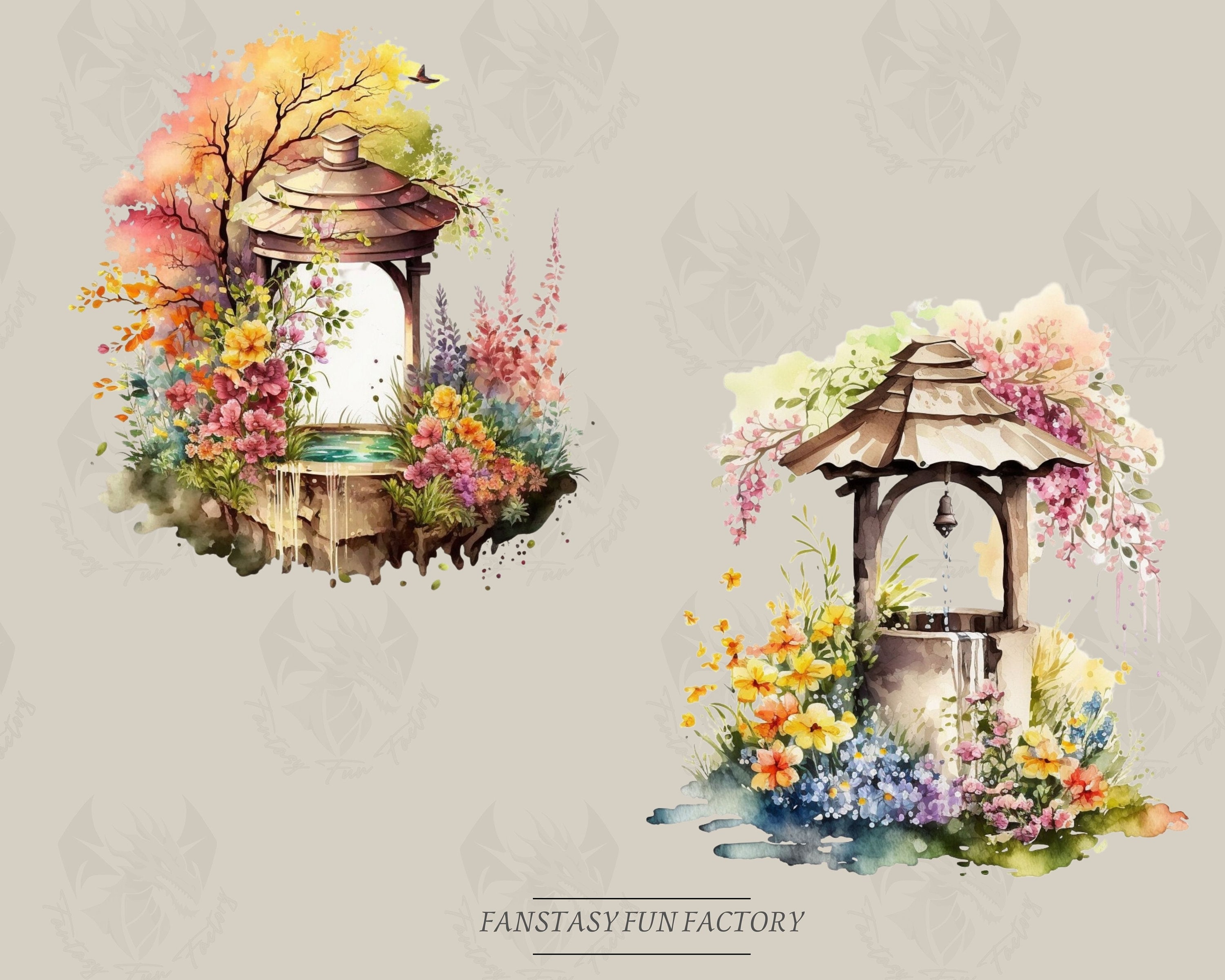 Watercolor Spring Well With Flowers Clipart Flowers Blossom - Etsy