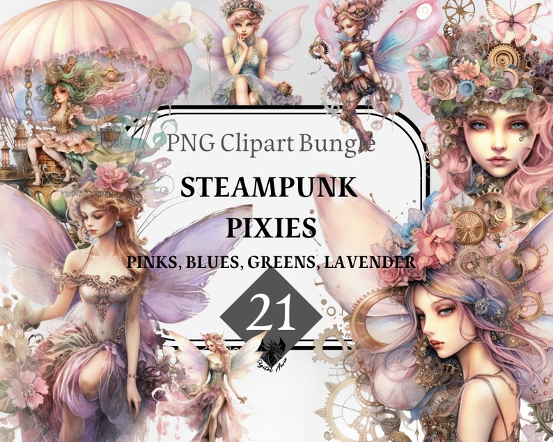 Steampunk Pixies Pink Blue Green Lavender Clipart - Etsy