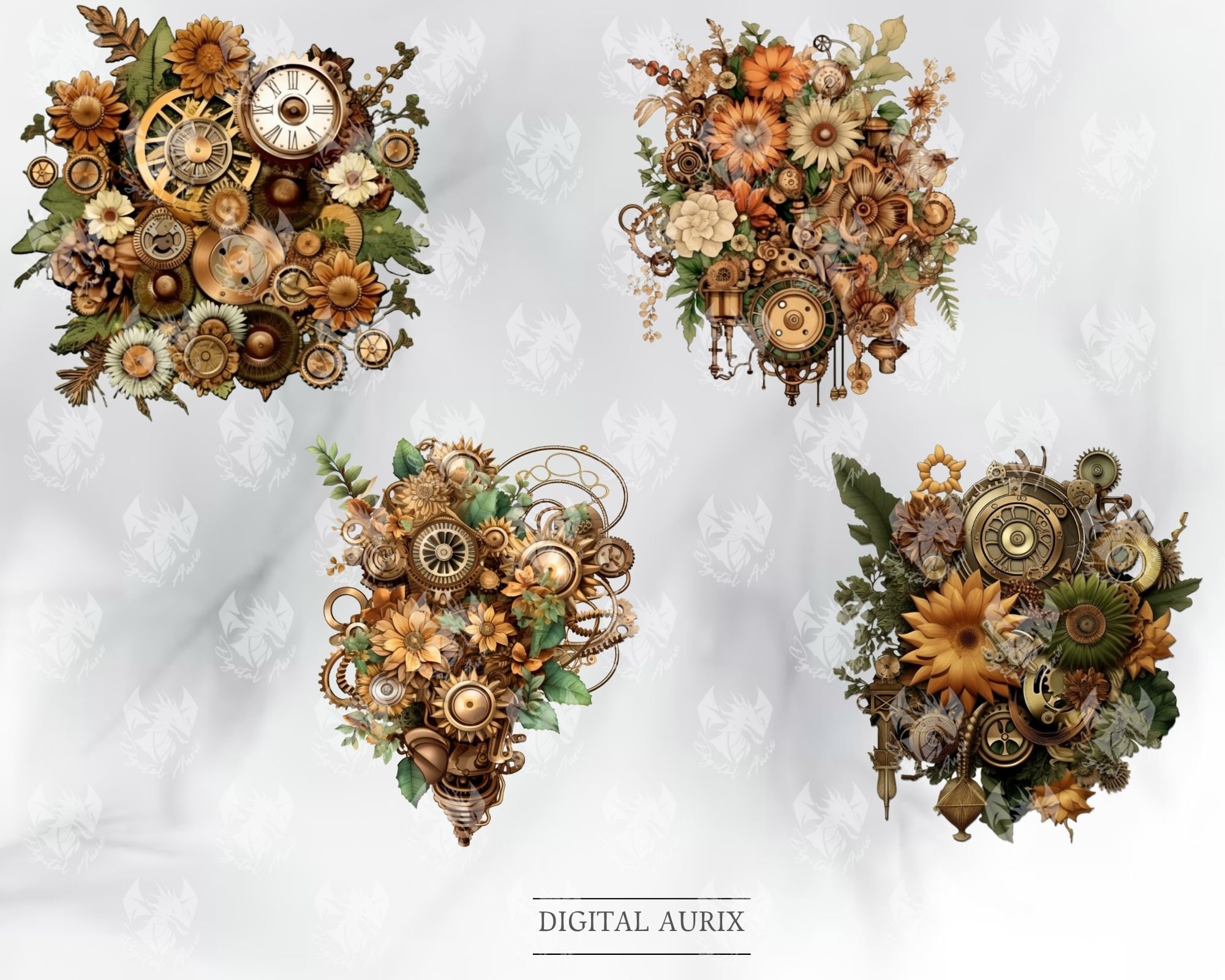 Steampunk Flower Bouquet Clipart, Sunflower, Tulip, Dahlia, Steampunk ...