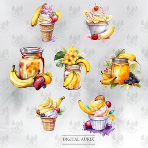 Watercolor Bananas Clipart, Digital Png, Banana Cupcake, Shortcake ...