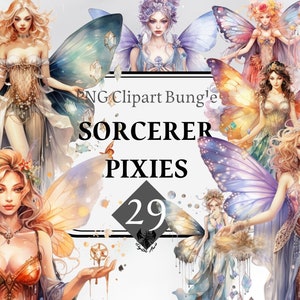 Sorcerer Pixie Clipart, Watercolor Fairy PNG, Vintage Clipart Bundle ...