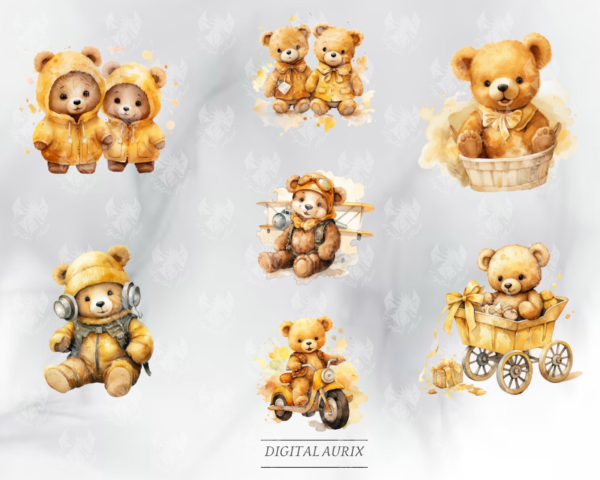Watercolor Mellow Yellow Teddy Bear Clipart for a Boy - Etsy