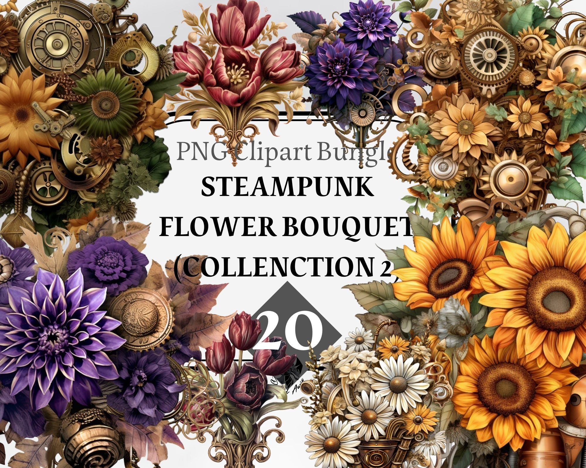 Steampunk Flower Bouquet Clipart, Sunflower, Tulip, Dahlia, Steampunk ...