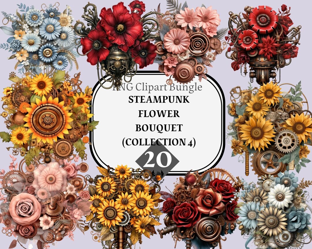 Steampunk Flower Bouquet Clipart 4, Rose, Sunflower, Daisy, Dalia ...