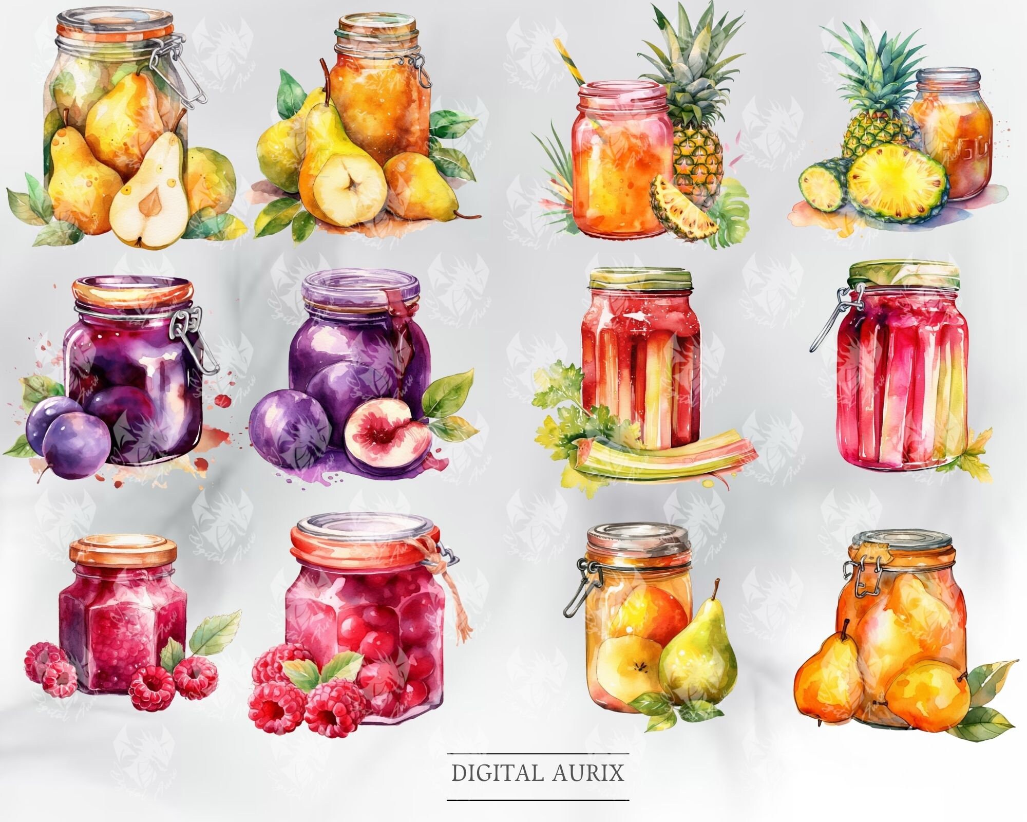Watercolor Colorfull Jam Jars Clipart Digital Png Instant - Etsy