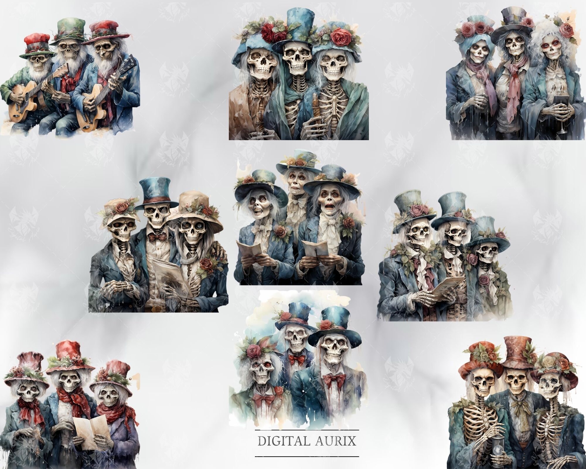 Zombie Christmas Caroler Trio Clipart, Gothic Creepy Christmas Zombie ...
