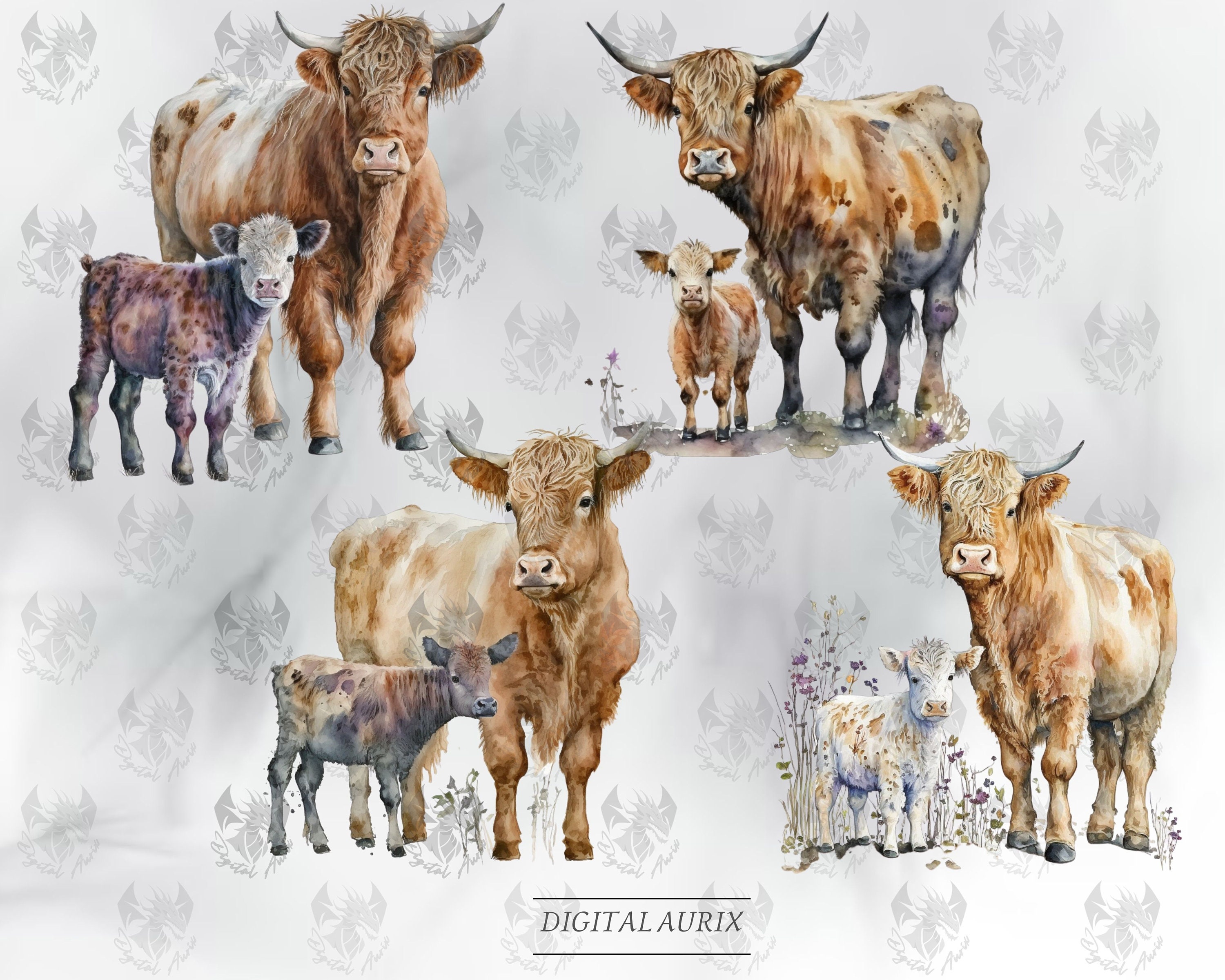 Watercolor Highland Cow and Baby Clipart, Watercolor Clipart, Highland ...