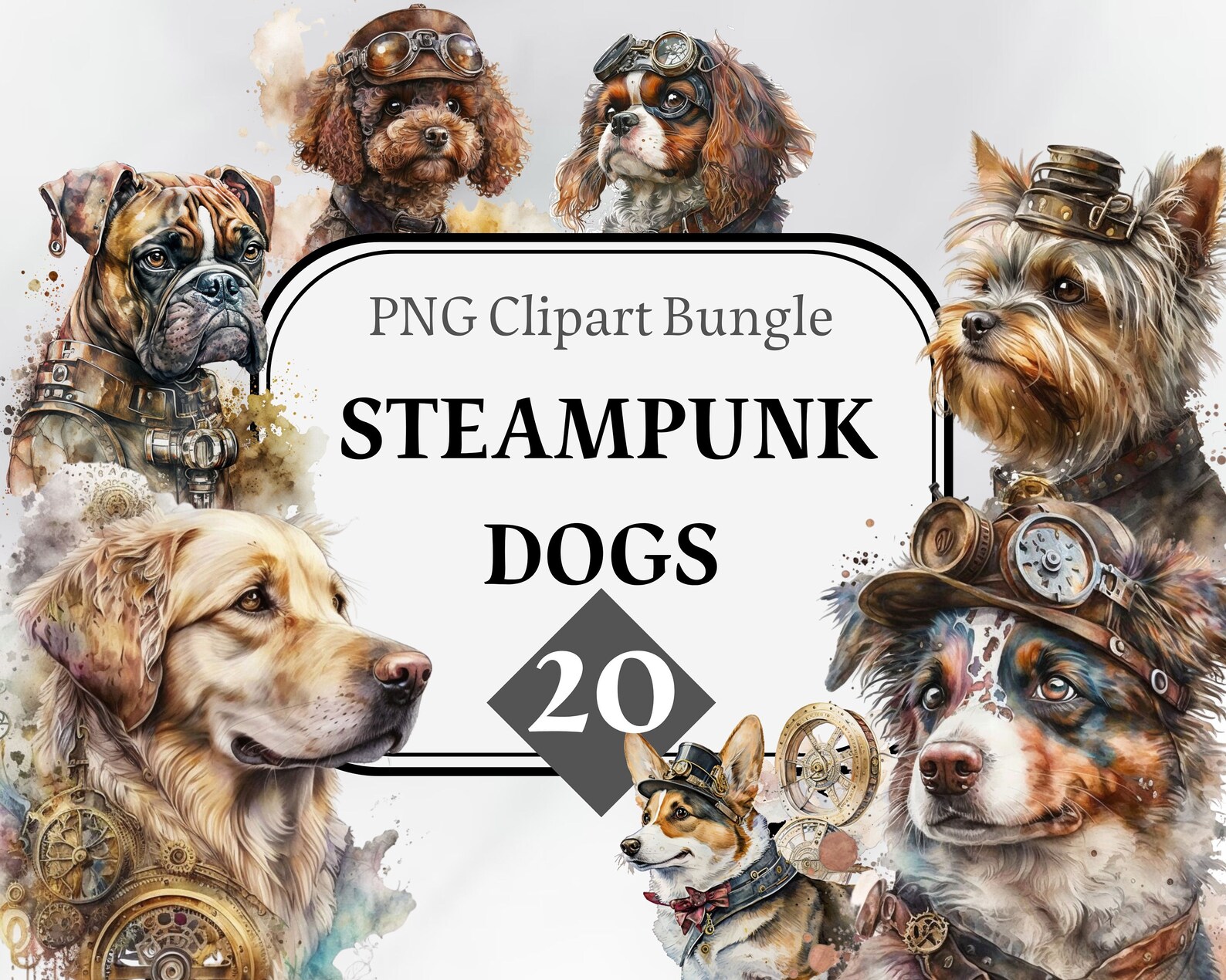 Steampunk Dogs Watercolor Clipart PNG Steampunk Printables - Etsy