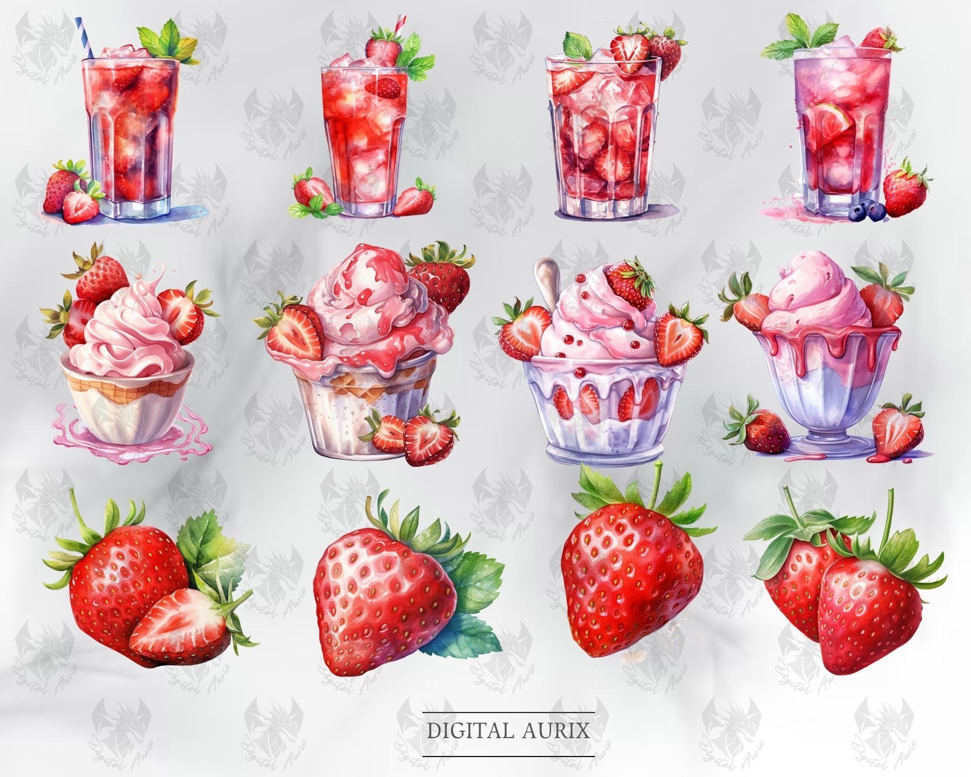 Watercolor Strawberries Clipart, Digital Png, Strawberries Cupcake ...