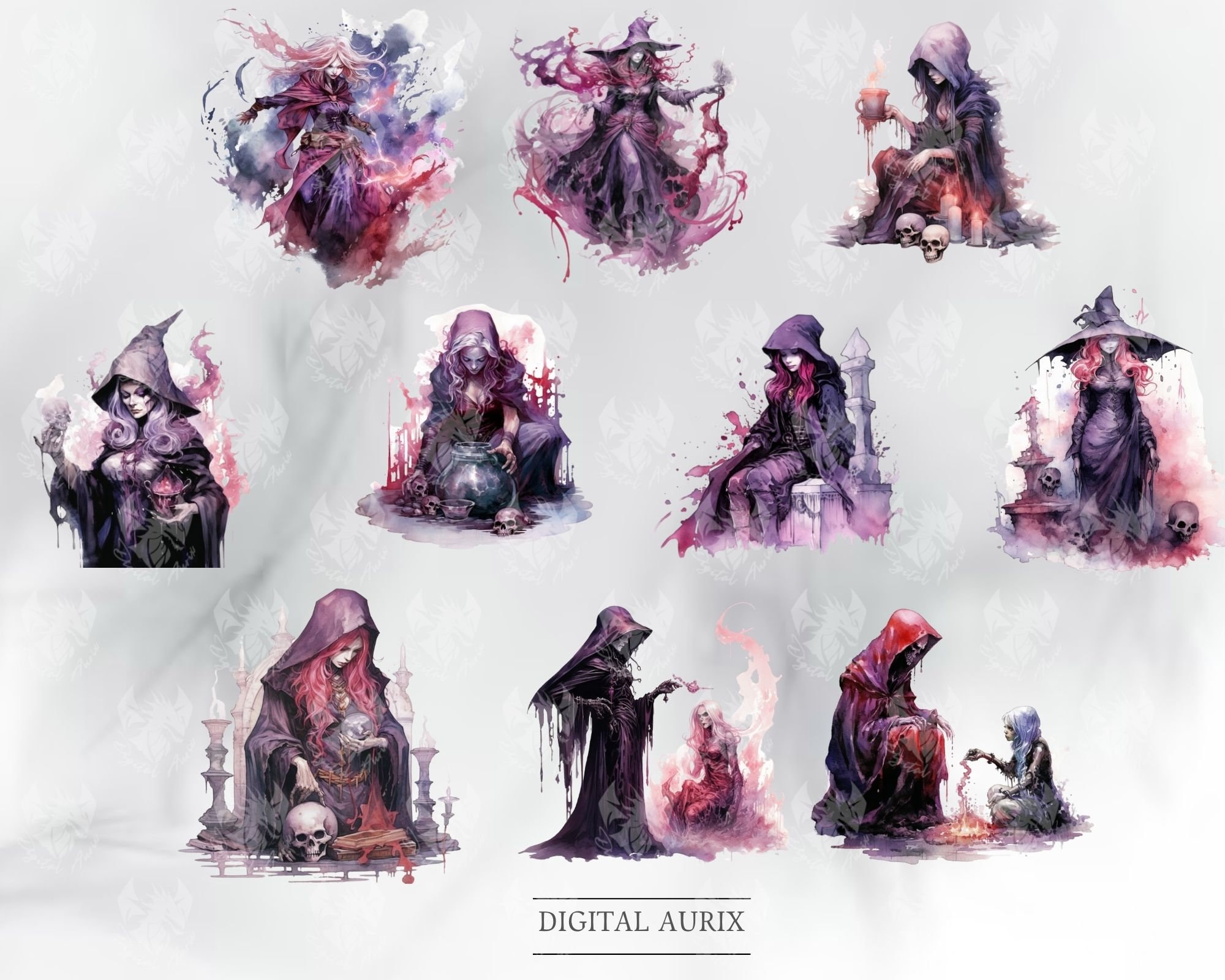 Necromancer Witch Watercolor Clipart Witch Black Style - Etsy