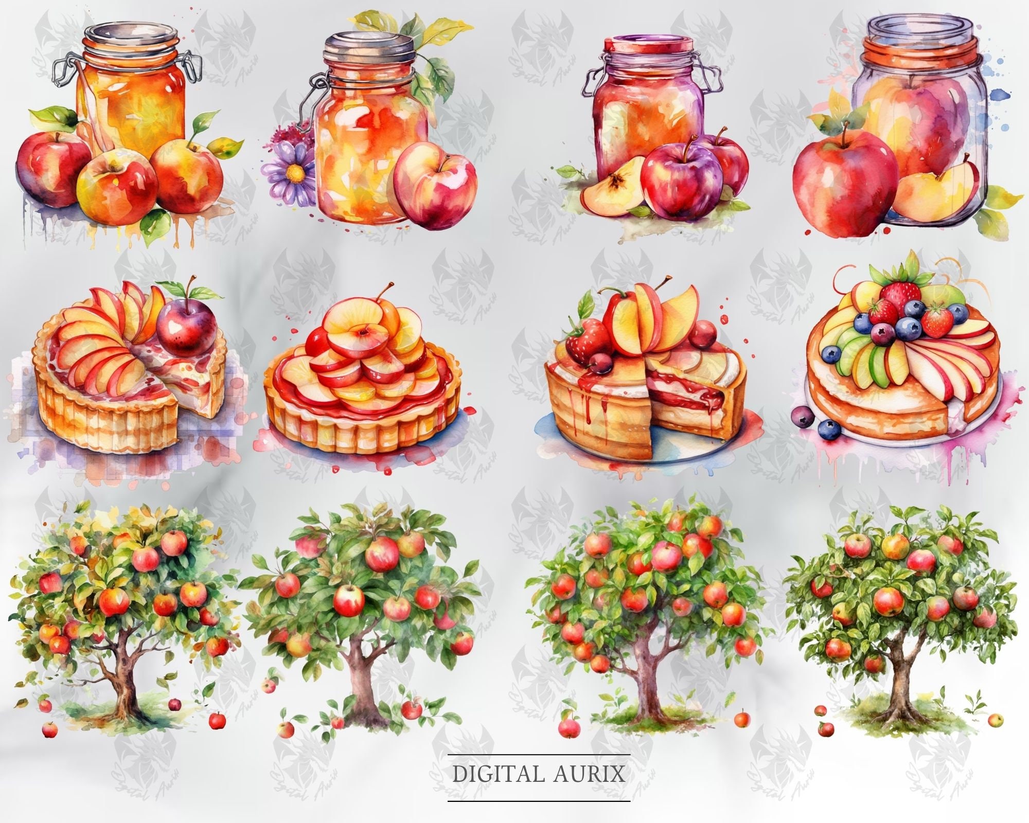 Watercolor Apples Clipart, Digital Png, Apple Pie, Shortcake Graphics ...