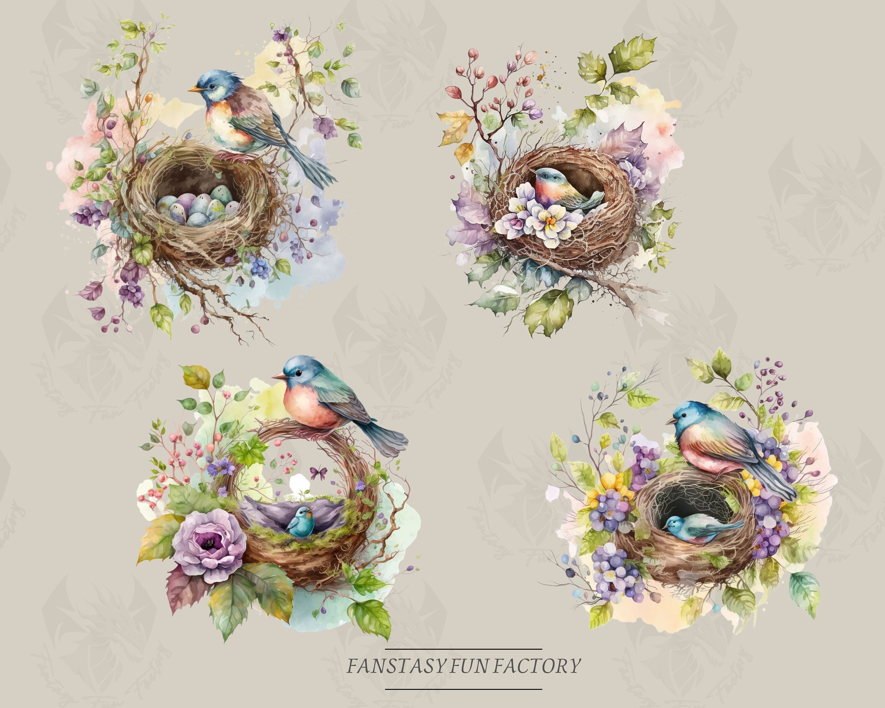 Watercolor Nests Clipart, Springtime, Cute, Bird Nests, Flowers ...