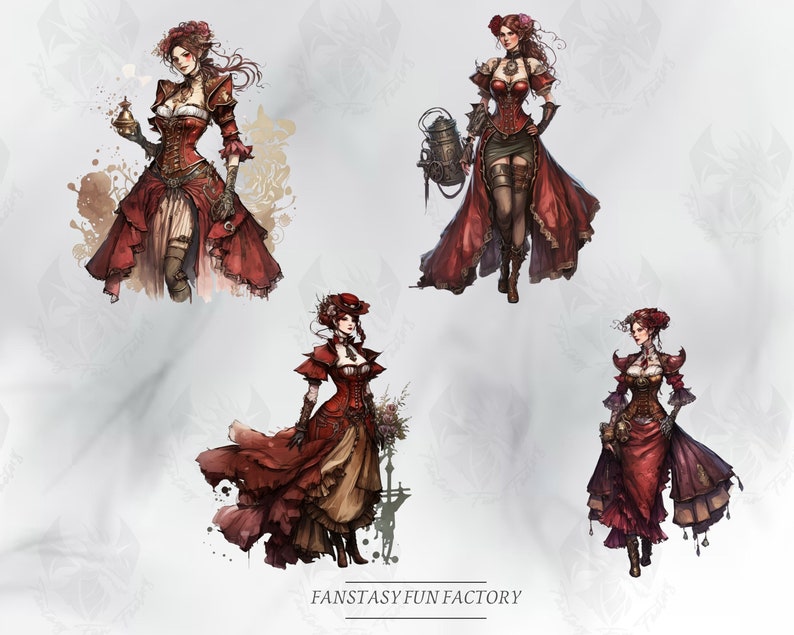 Steampunk Lady Clipart PNG Set, Steampunk Women, Steampunk Clipart, Red ...