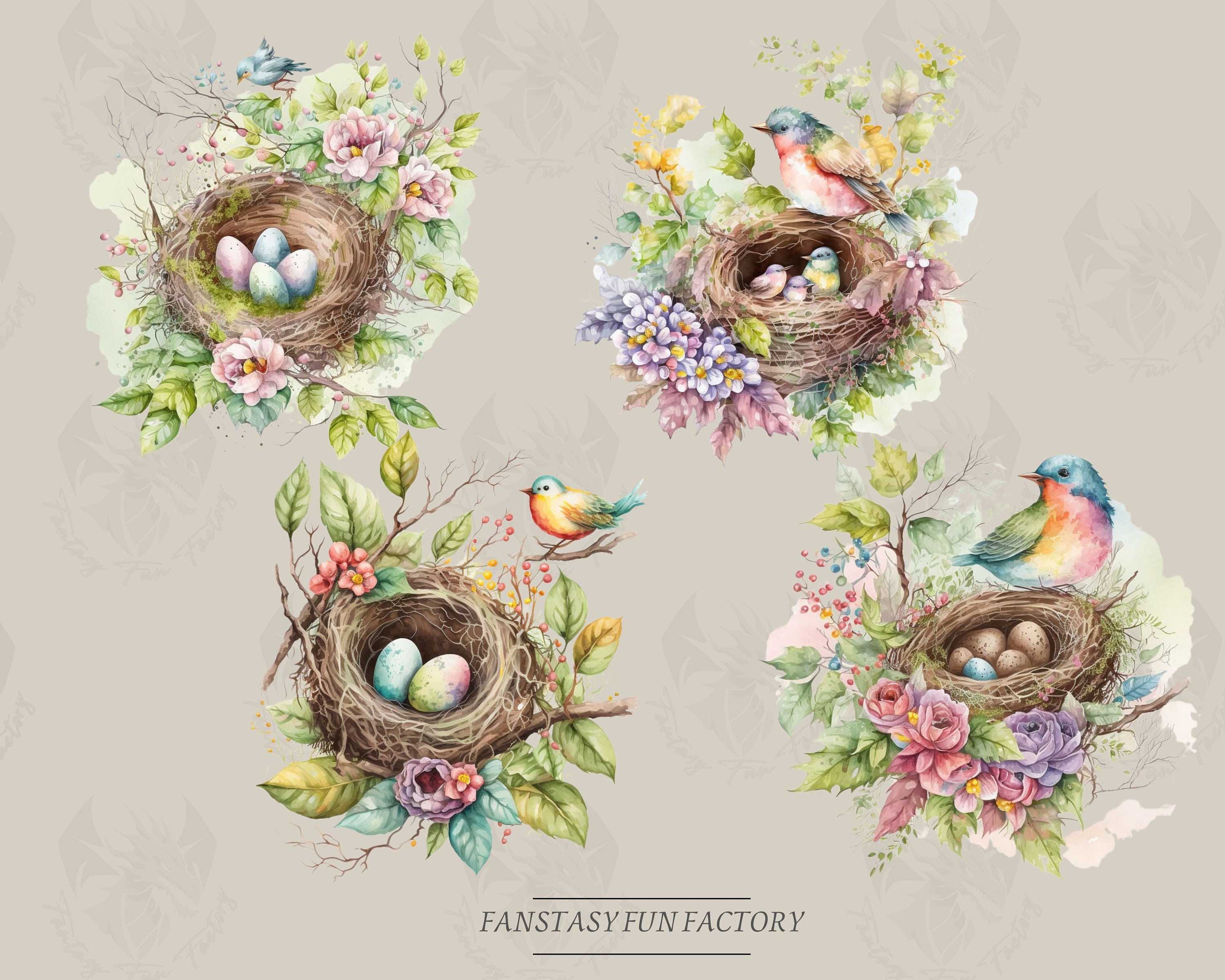 Watercolor Nests Clipart, Springtime, Cute, Bird Nests, Flowers ...