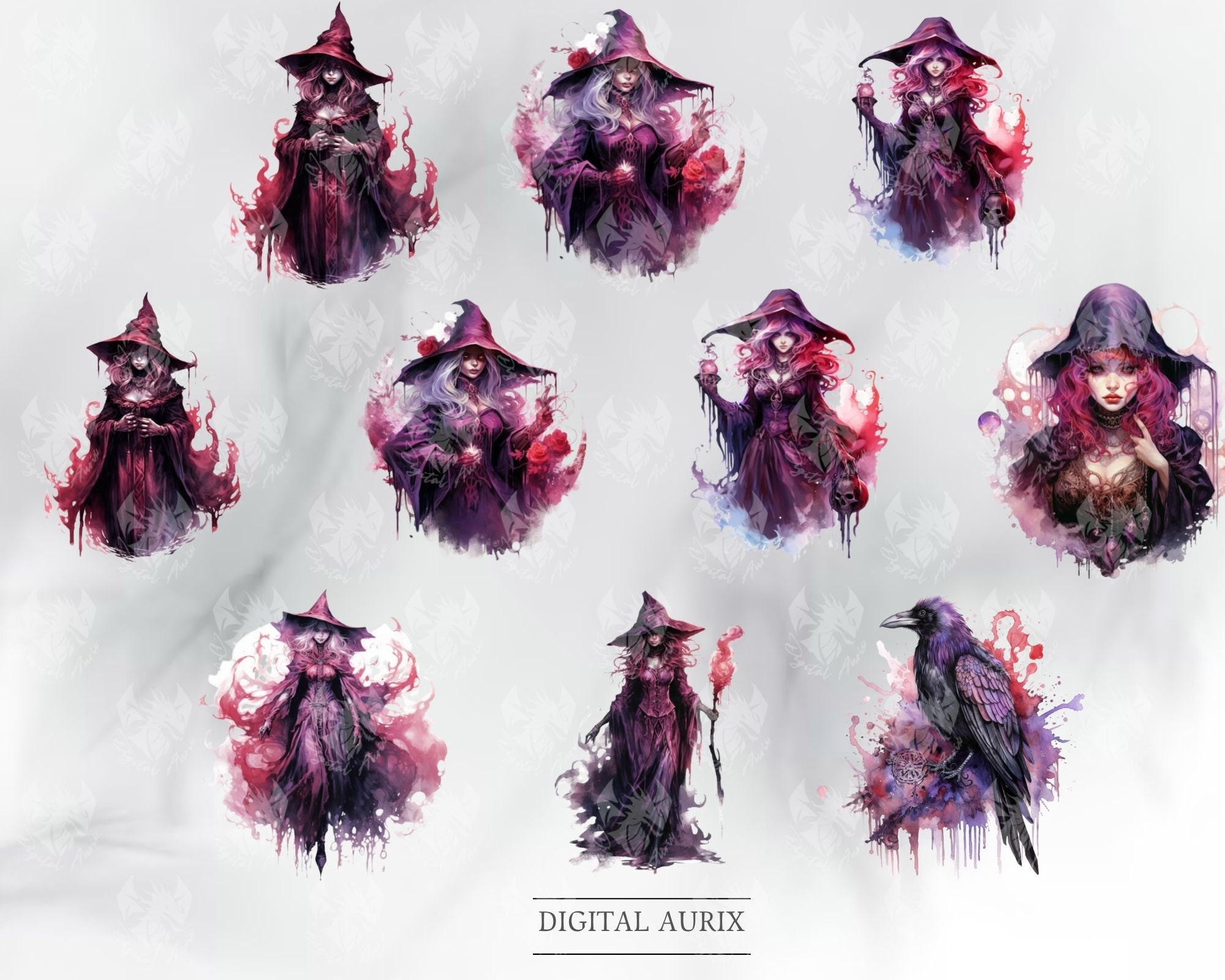 Necromancer Witch Watercolor Clipart Witch Black Style - Etsy