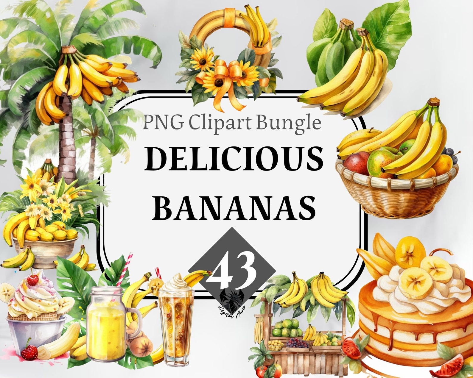 Watercolor Bananas Clipart, Digital Png, Banana Cupcake, Shortcake ...