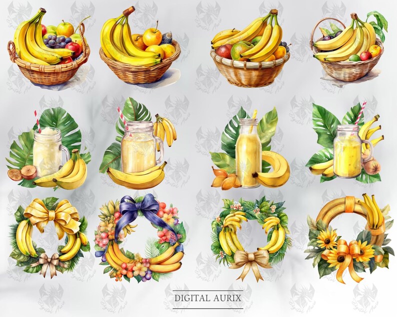Watercolor Bananas Clipart, Digital Png, Banana Cupcake, Shortcake ...