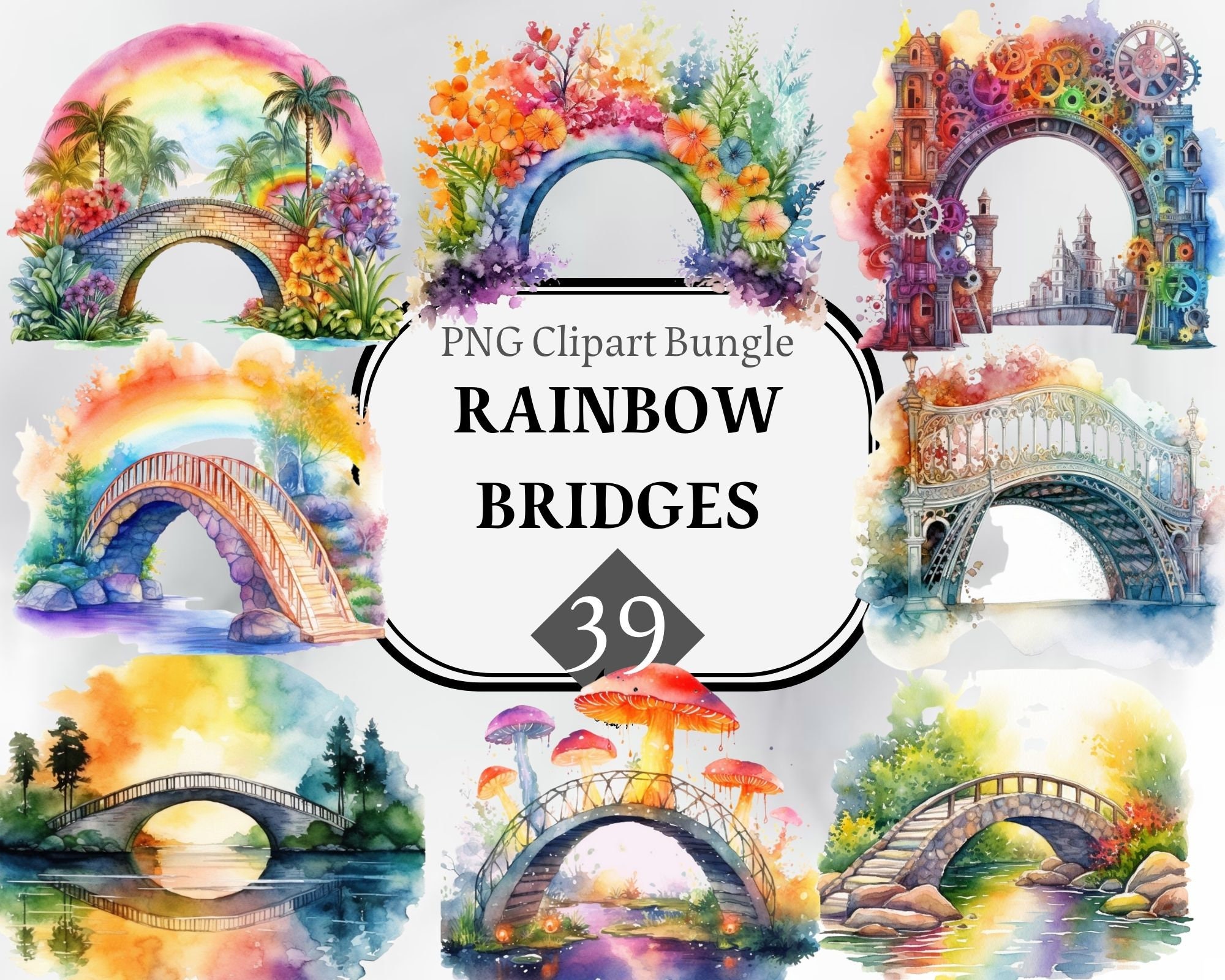 Watercolor Rainbow Bridges Clipart, Heaven, Paradise, Steampunk ...