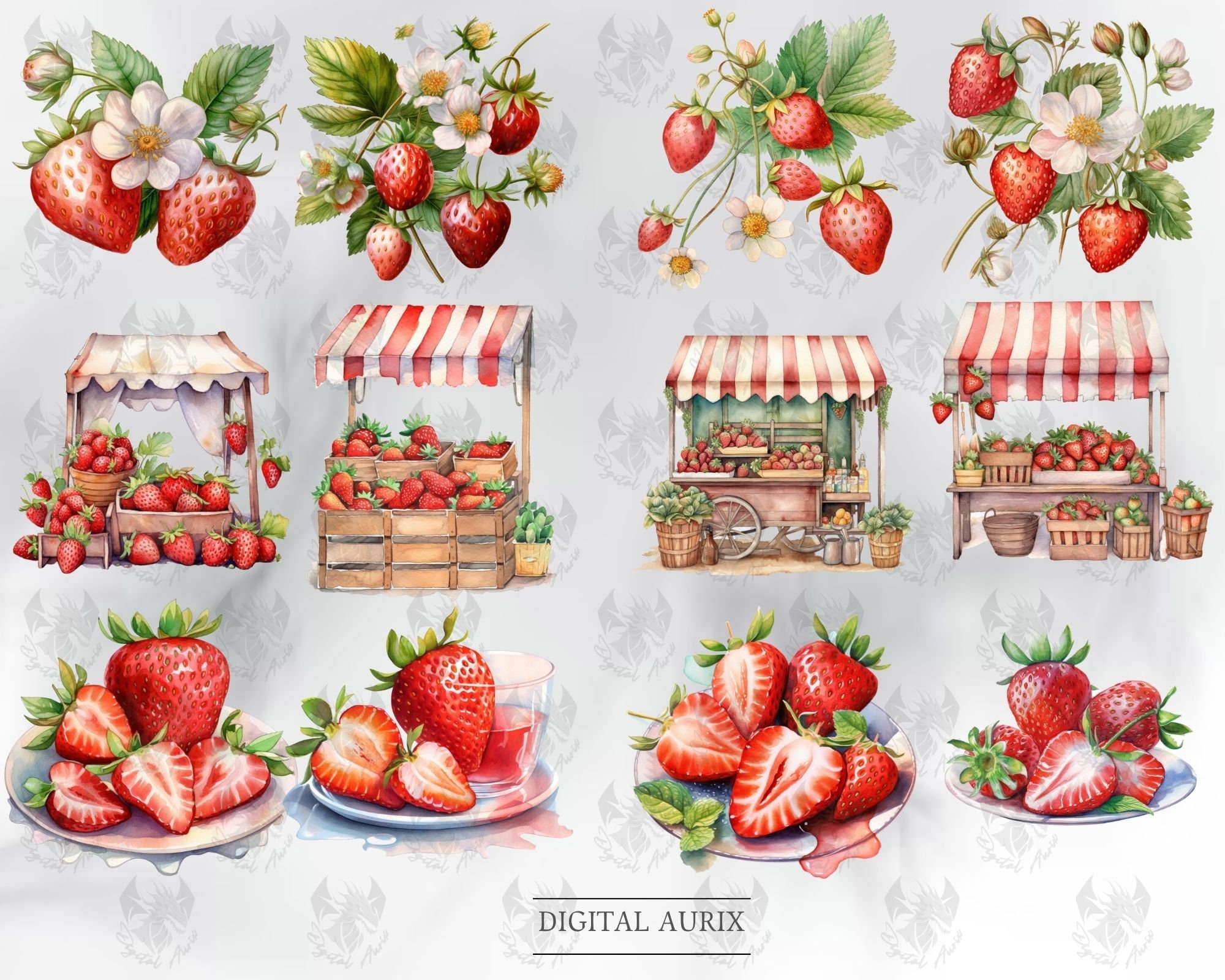 Watercolor Strawberries Clipart, Digital Png, Strawberries Cupcake ...