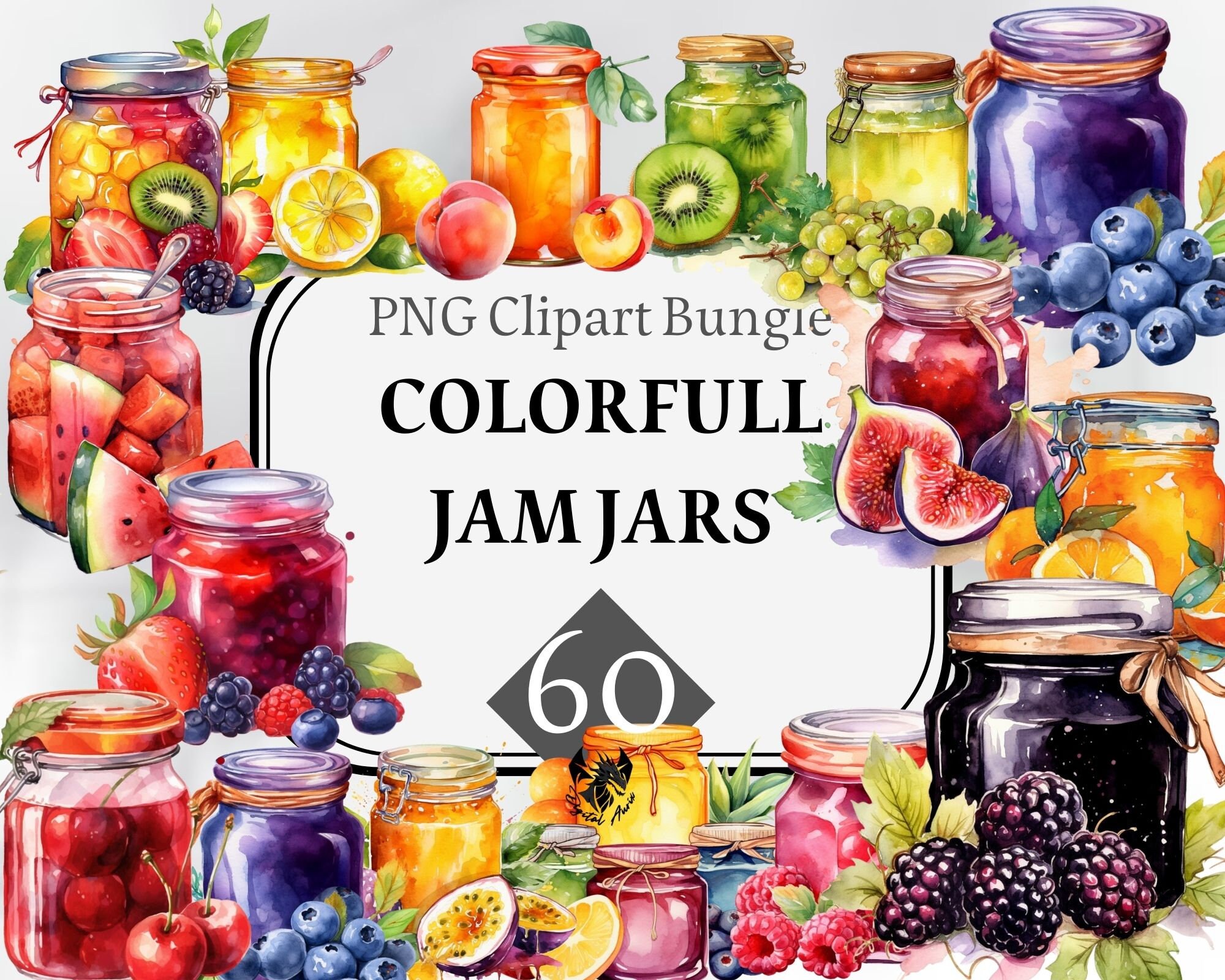 Watercolor Colorfull Jam Jars Clipart Digital Png Instant - Etsy