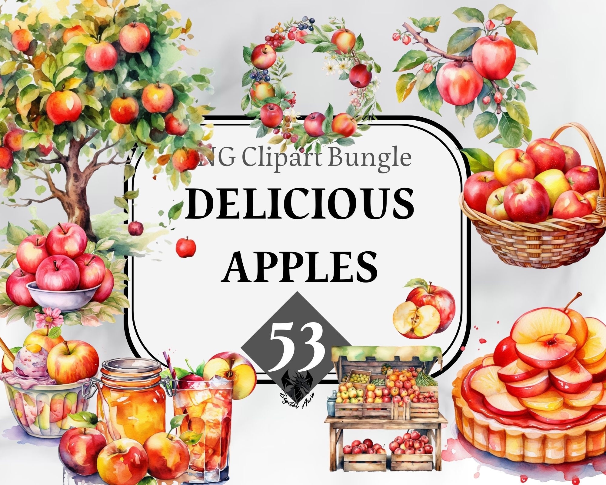 Watercolor Apples Clipart, Digital Png, Apple Pie, Shortcake Graphics ...