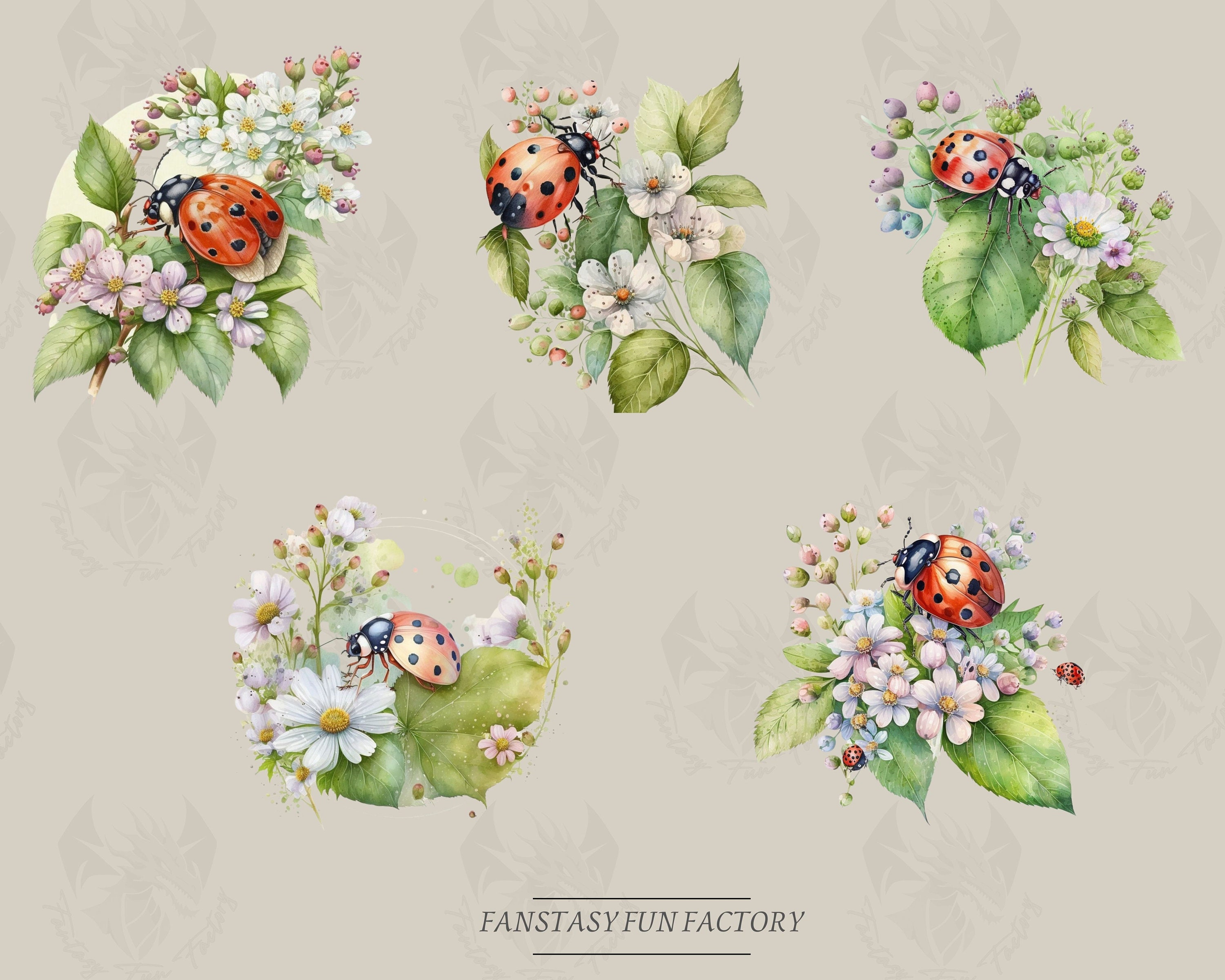 Watercolor Lady Bug on Leaves Flowers Clipart, Springtime, Blossoms ...