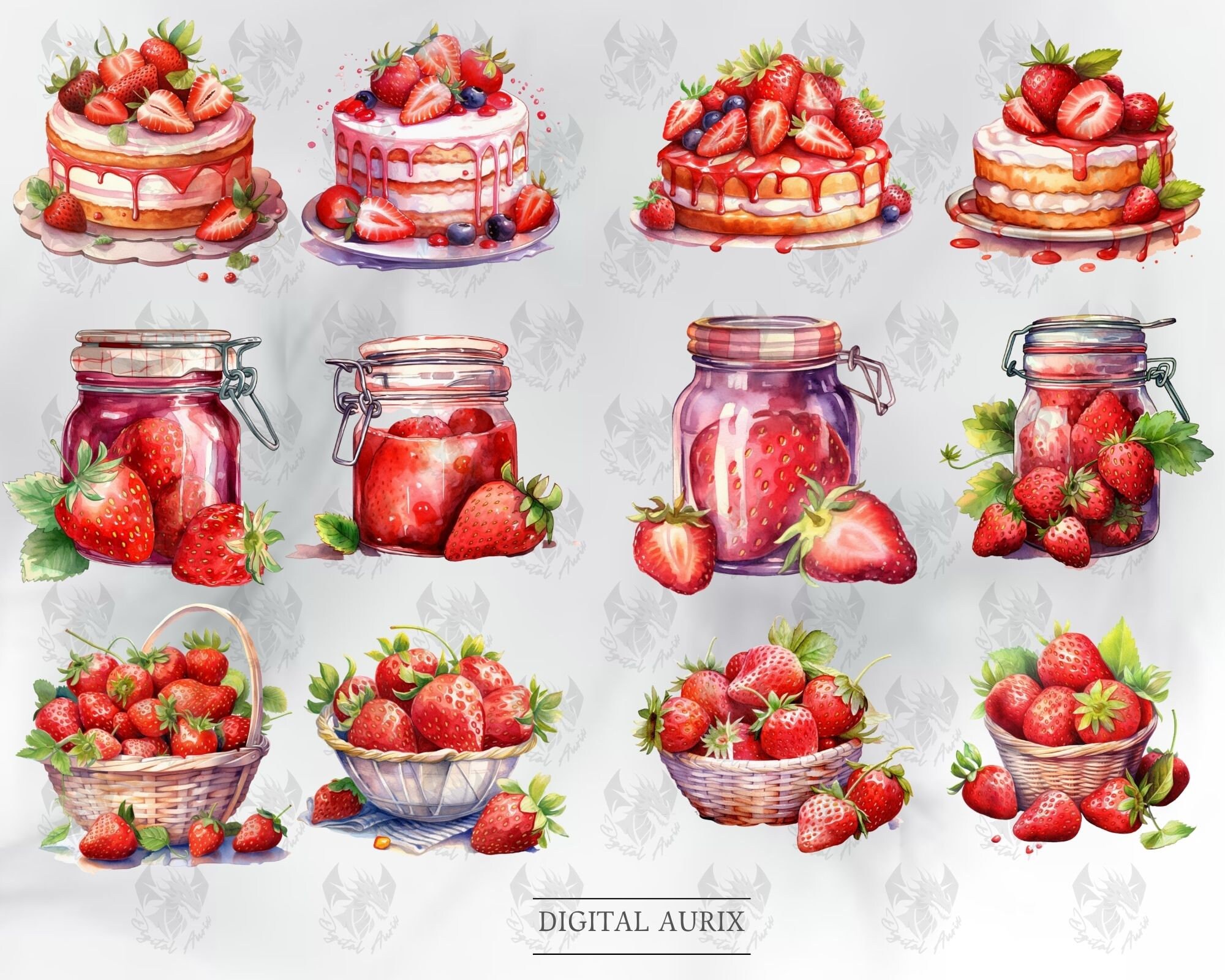 Watercolor Strawberries Clipart, Digital Png, Strawberries Cupcake ...