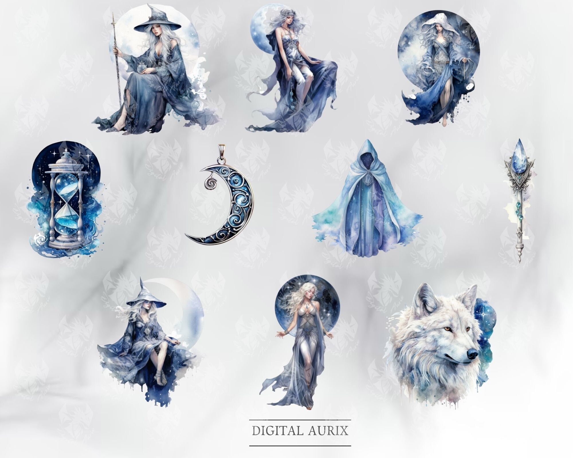 Lunar Witch Watercolor Clipart Witch Black Style Moon - Etsy