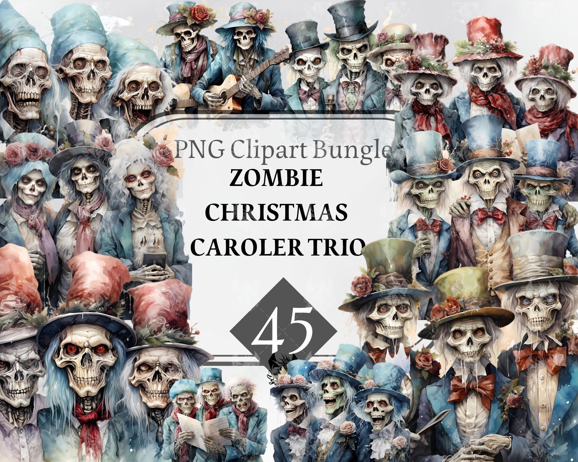 Zombie Christmas Caroler Trio Clipart, Gothic Creepy Christmas Zombie ...