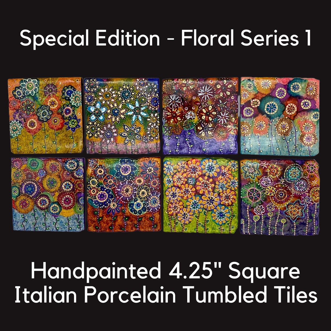 Tile Abstract Art Floral Accent Hand Painted Colorful Flower Unique ...