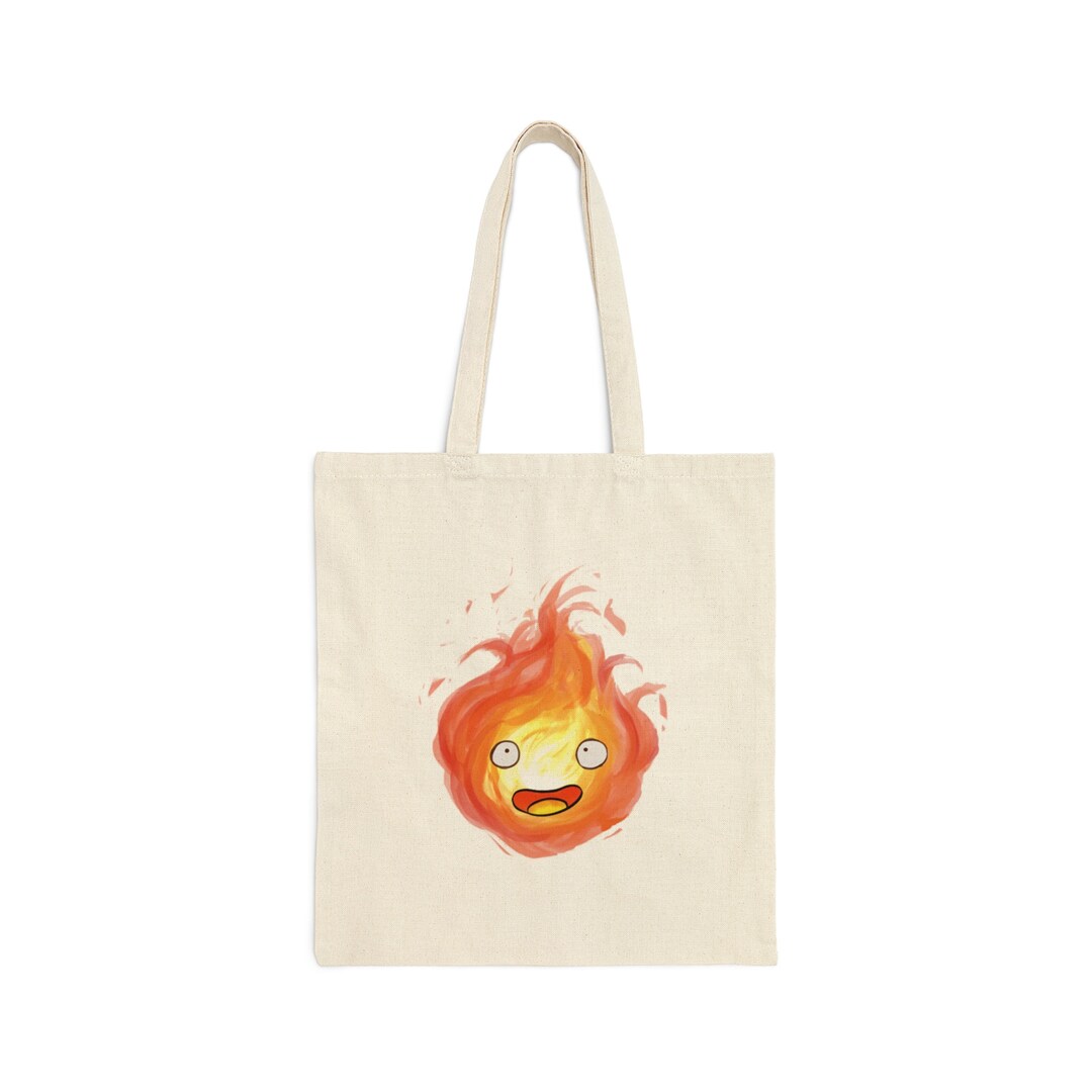 Smiling Calcifer Inspired Face Cotton Canvas Tote Bag, Howl's Moving ...
