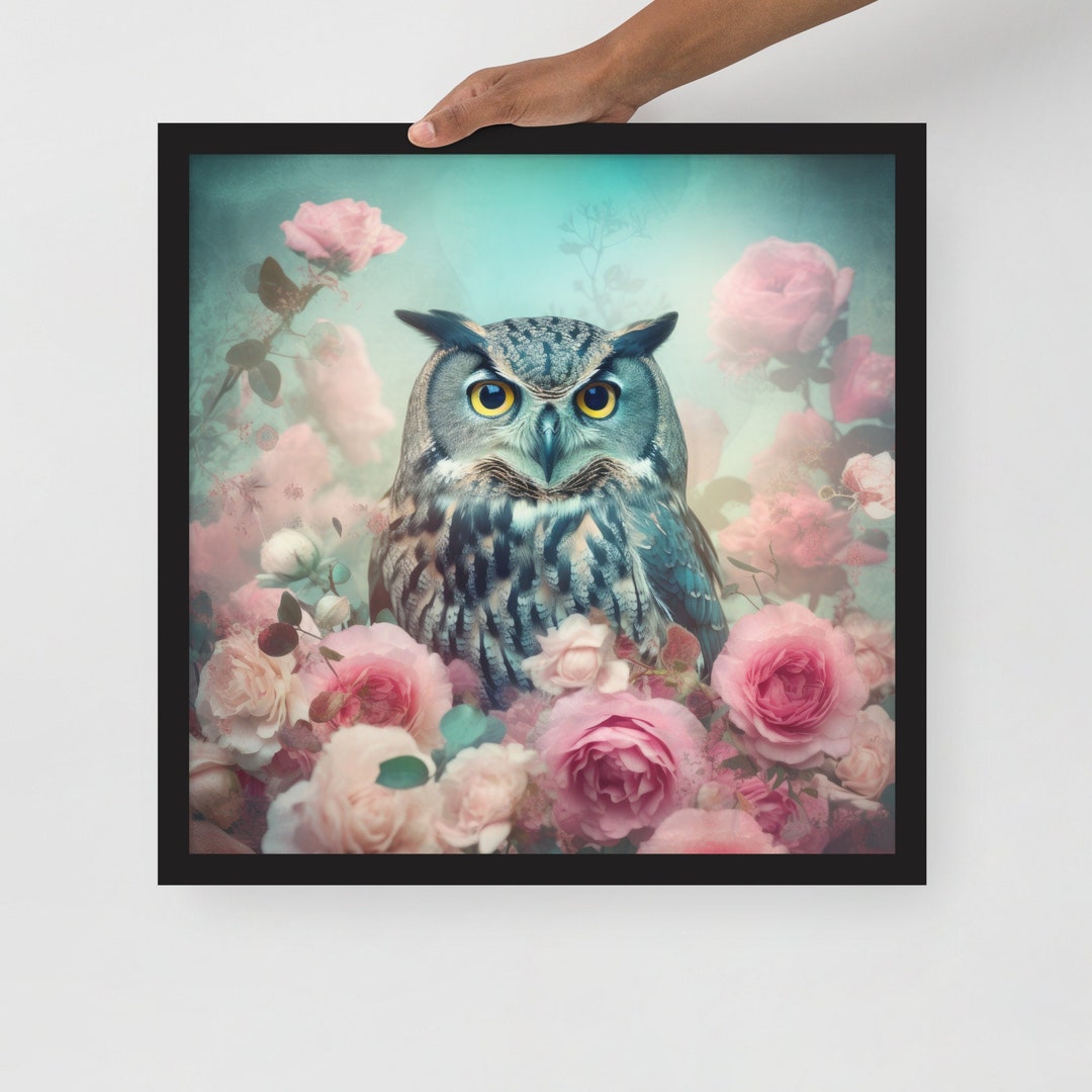 Framed Owl Poster, Photo-real Blue Owl, Pink Flowers, Soft Aesthetic ...