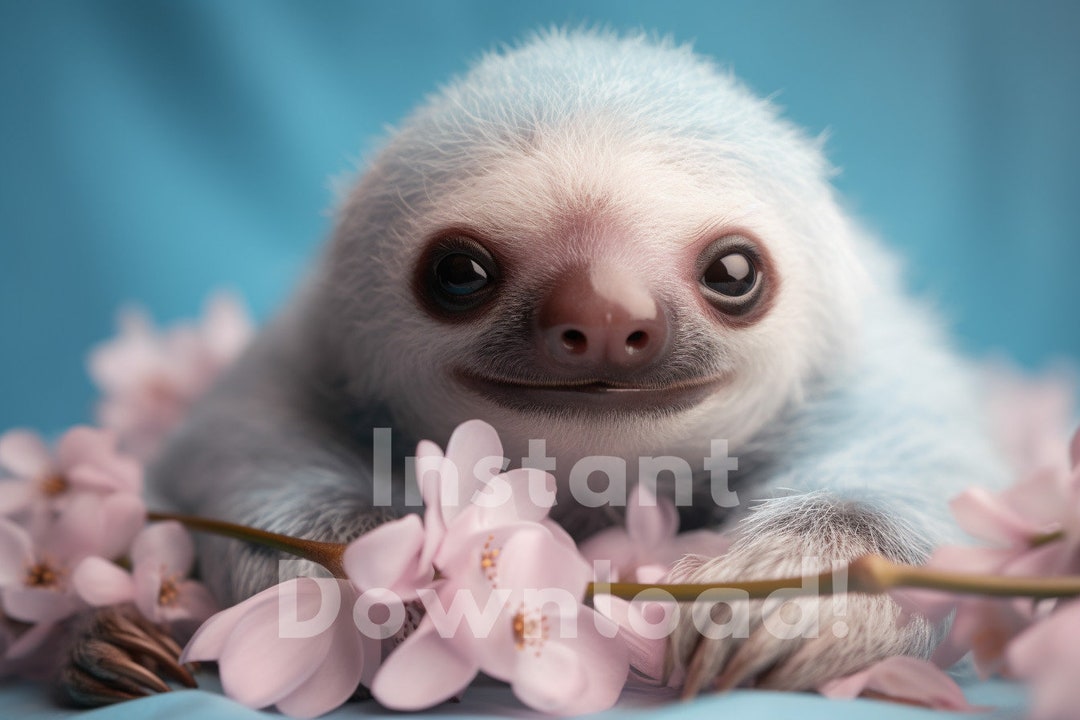 Cute Sloth Digital Download, Surreal Baby Blue Sloth Pink Flowers AI ...