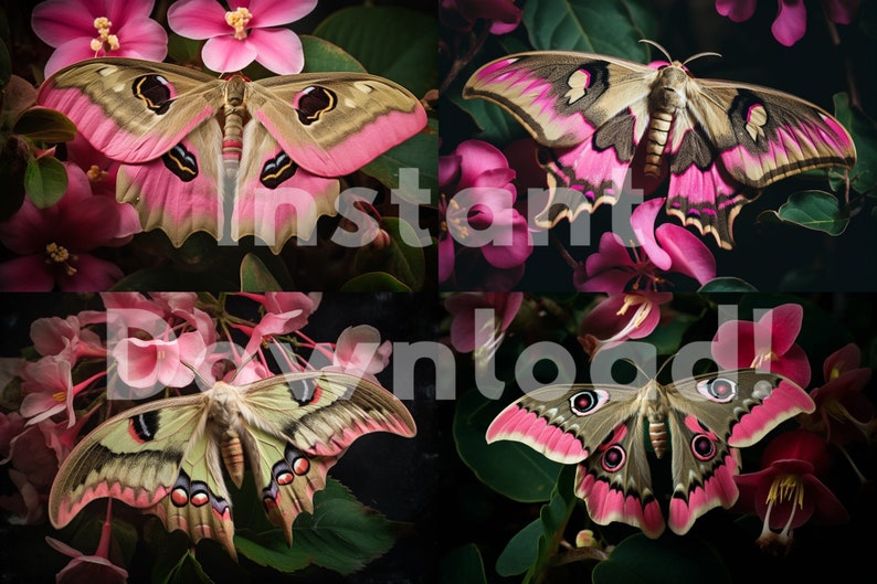 Set of 4 Printable Moth Digital Download Wall Art Hot Pink Colorful ...