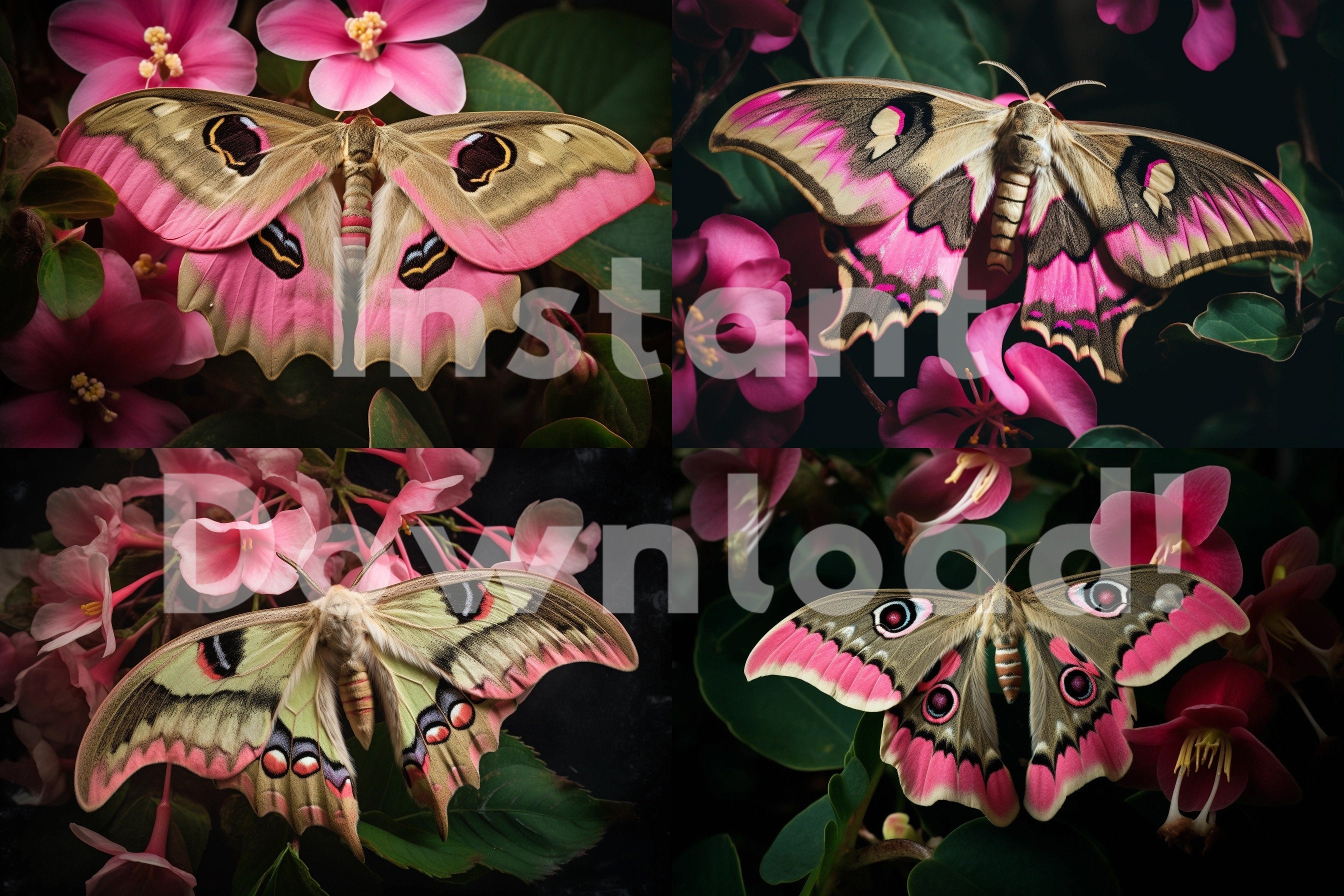 Set of 4 Printable Moth Digital Download Wall Art Hot Pink Colorful ...