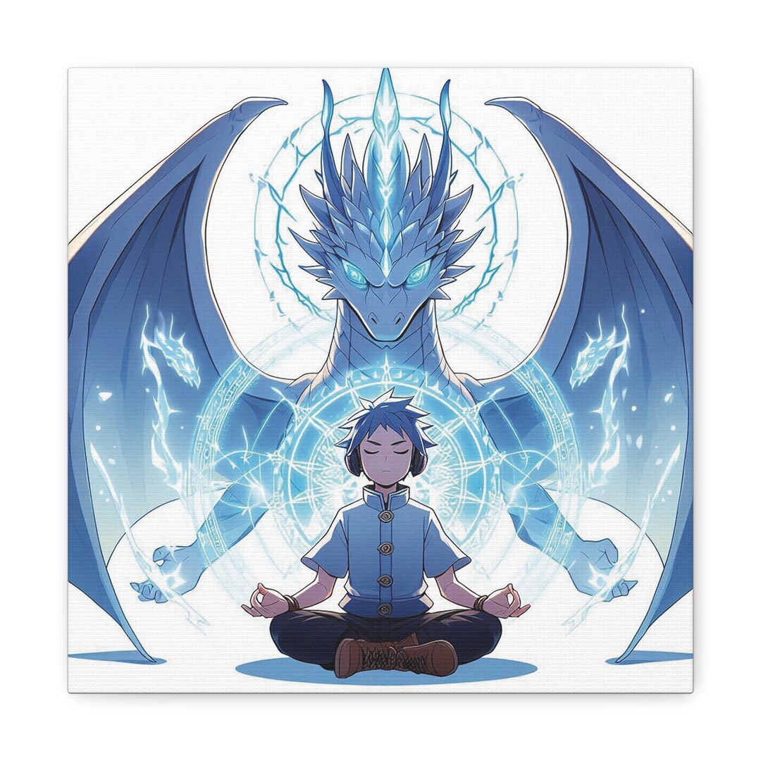 Boy Gets Zen With a Dragon, Anime, Dragon, Meditation 12x12 Canvas ...