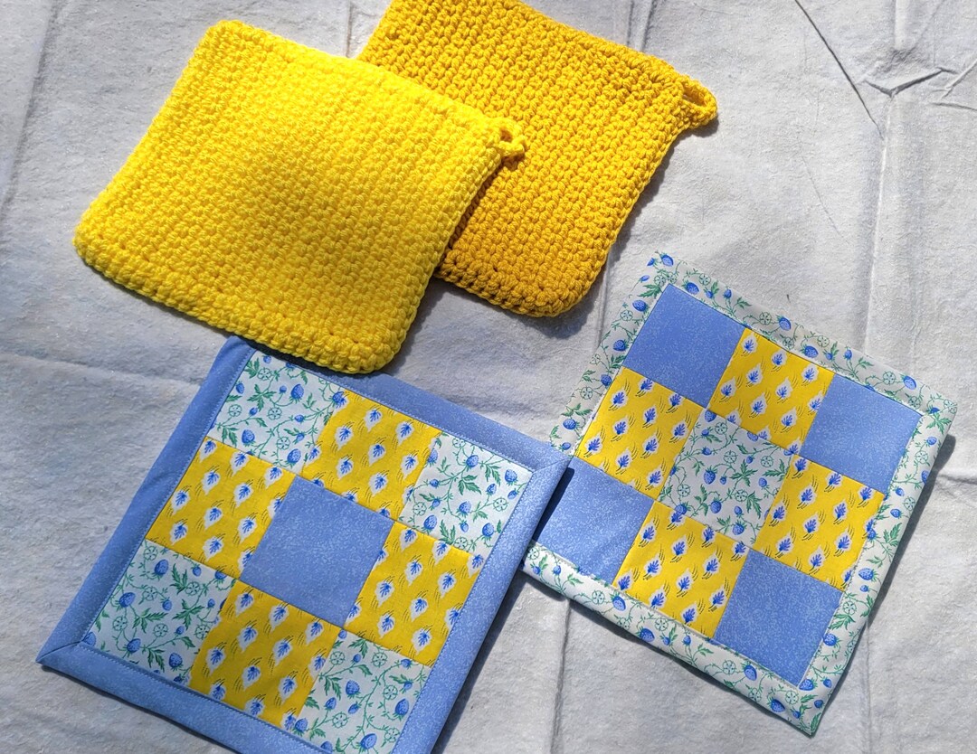 Patchwork Hot Pads With Matching Crocheted Potholders - Etsy