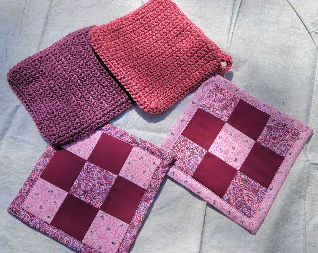 Patchwork Hot Pads, Matching Crocheted Potholders, Handmade - Etsy
