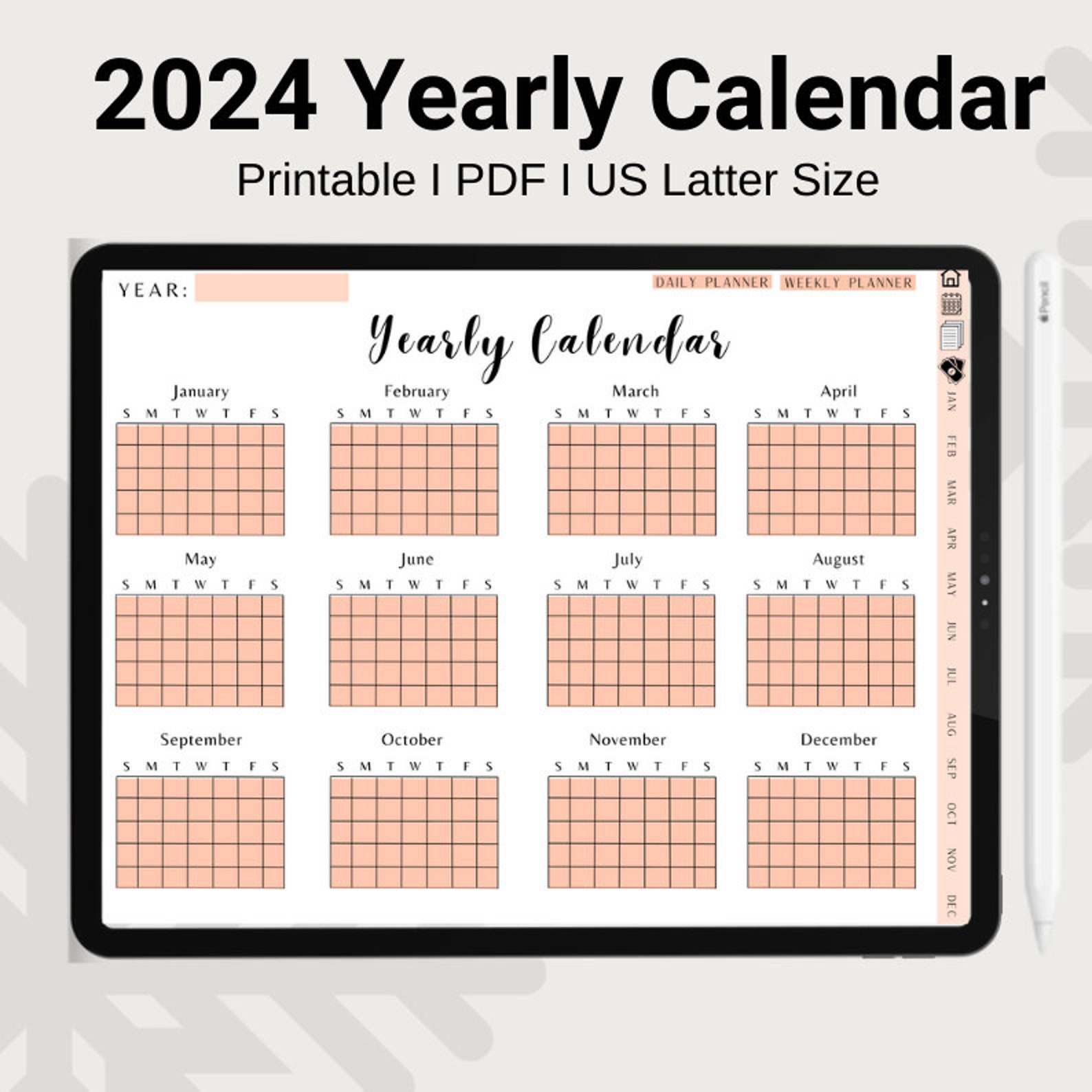 2024 Yearly Calendar Landscape, Printable Calendar Template,year at A ...