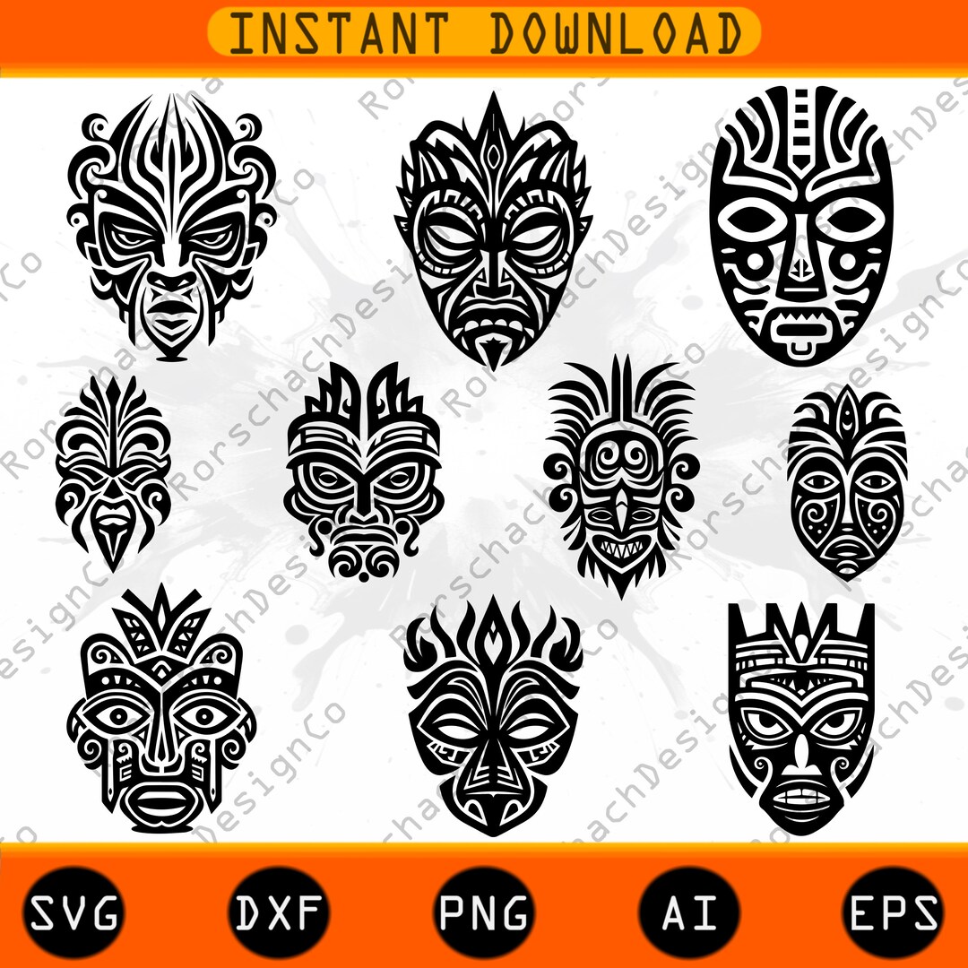 10 Tribal Svg Bundle, Tribal Clipart Pack, Mask Svg, Islander Mask Svg ...