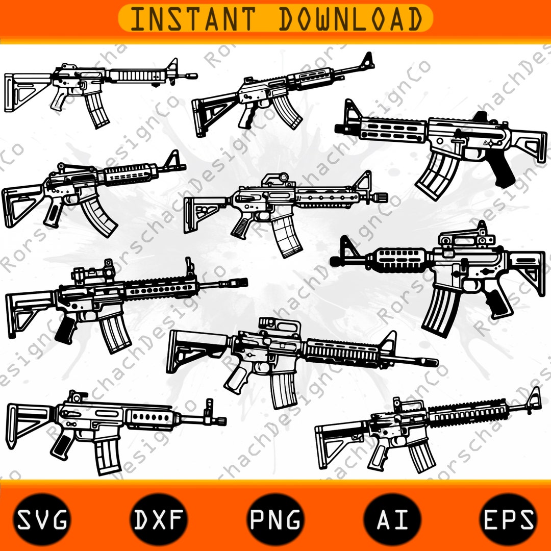 10 Assault Rifle Svg Bundle, Gun Clipart Bundle, Rifle Svg, Weapon Svg ...