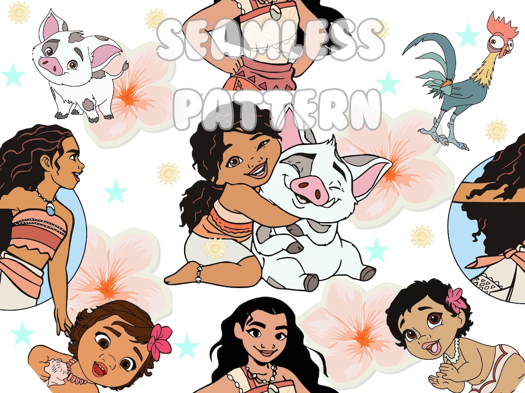 Maui Moana 2 Princess Seamless Pattern, Cartoon Floral Princess ...
